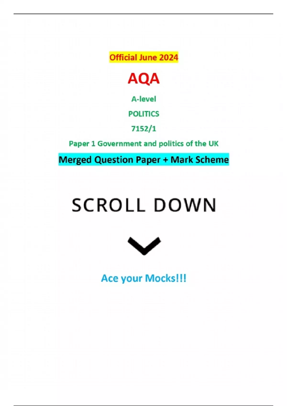 Official June 2024 AQA A-level POLITICS 7152/1 Paper 1 Government and ...