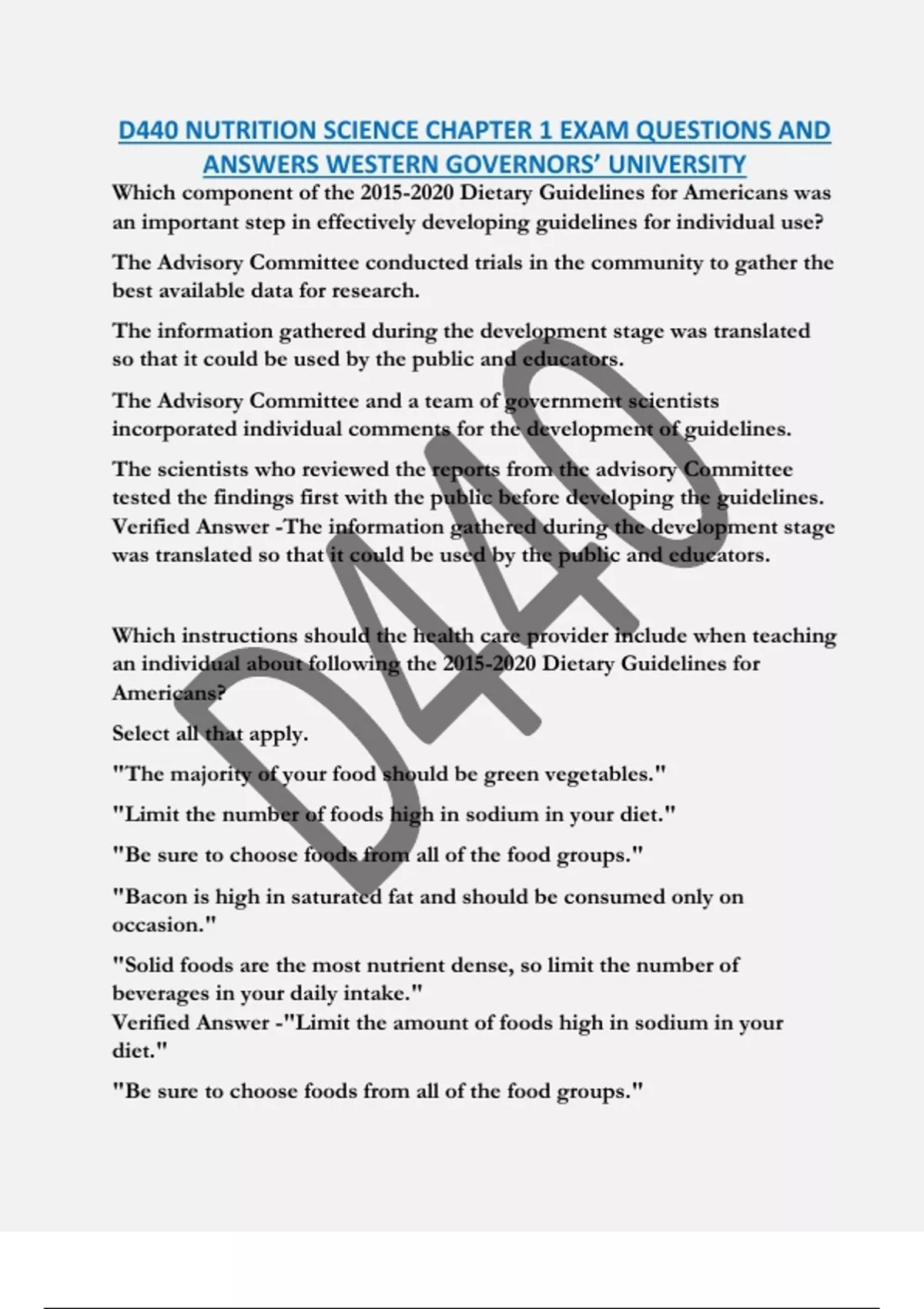 D440 NUTRITION SCIENCE CHAPTER 1 EXAM QUESTIONS AND ANSWERS WESTERN ...