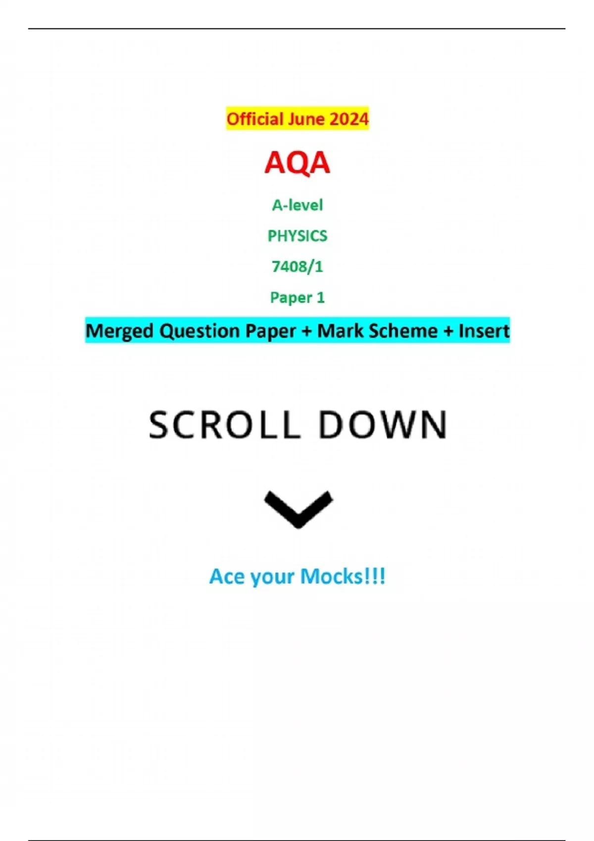 Official June 2024 AQA A-level PHYSICS 7408/1 Paper 1 Merged Question Paper + Mark Scheme ...