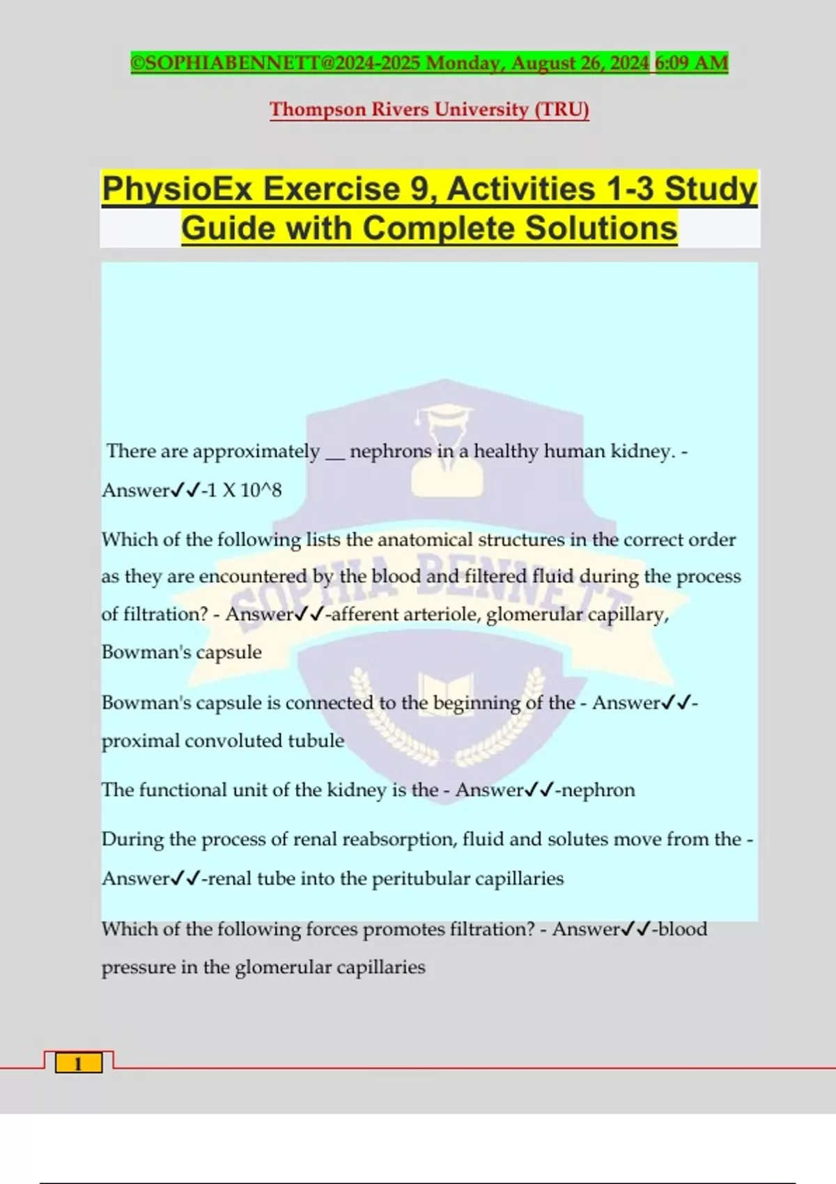 PhysioEx Exercise 9, Activities 1-3 Study Guide with Complete Solutions ...