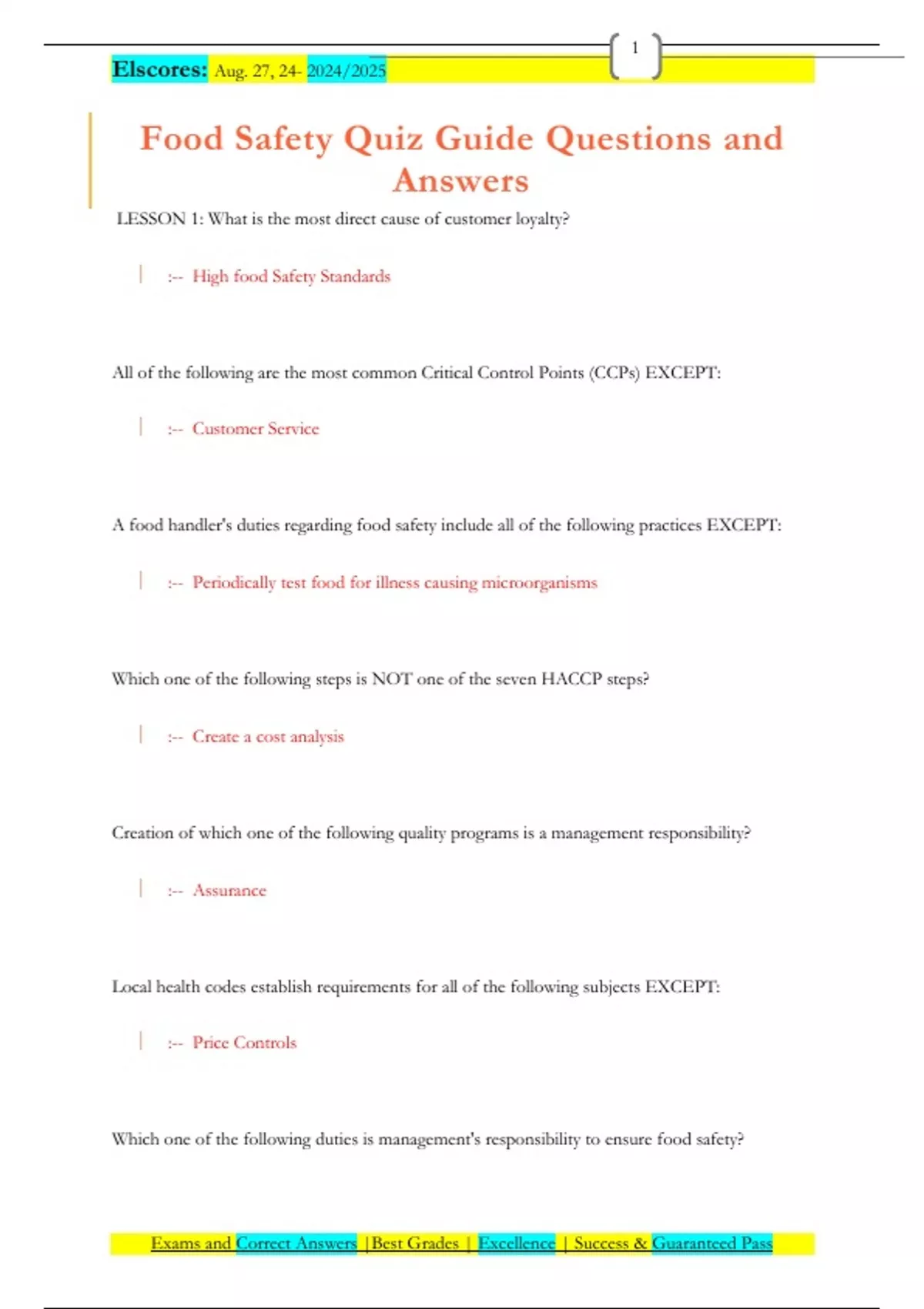 Food Safety Quiz Guide Questions and Answers - Food Manage - Stuvia US