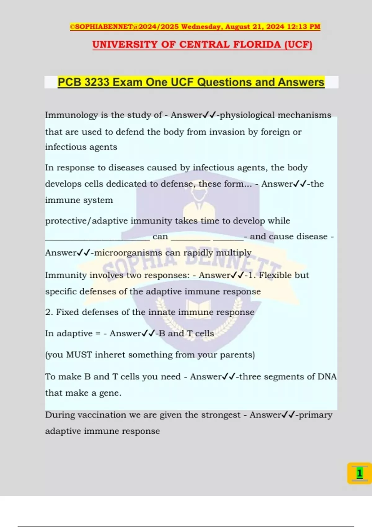 PCB 3233 Exam One UCF Questions and Answers - PCB 3233 - Stuvia US