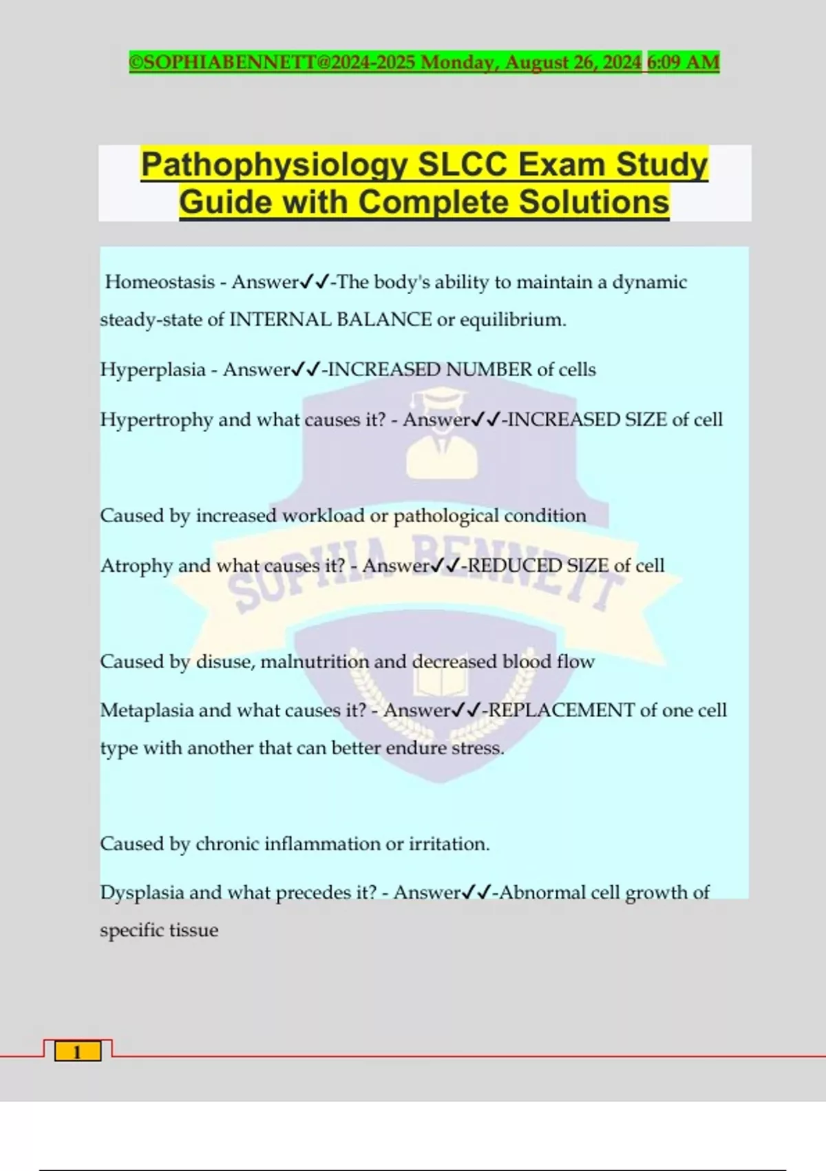 Pathophysiology SLCC Exam Study Guide with Complete Solutions - SLCC ...