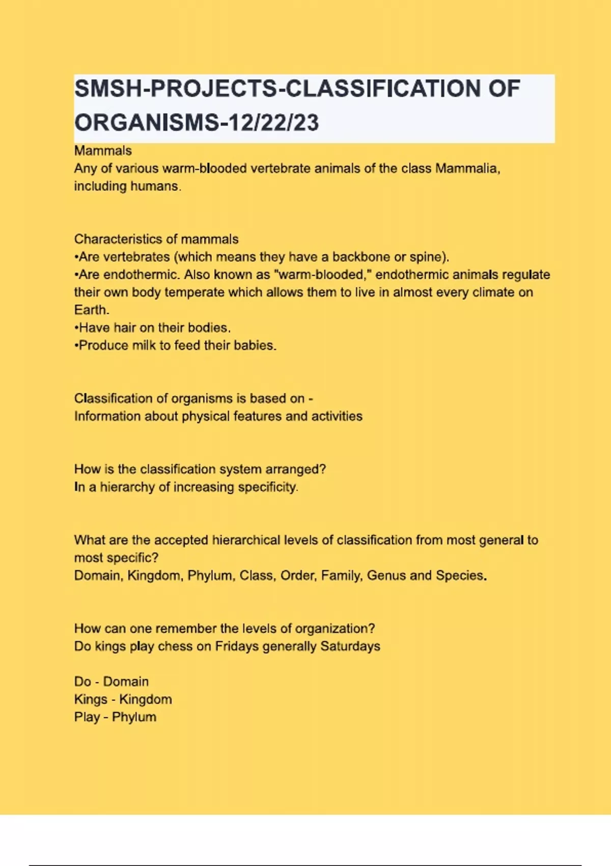 SMSH-PROJECTS-CLASSIFICATION OF ORGANISMS - SMSH-PROJECTS - Stuvia