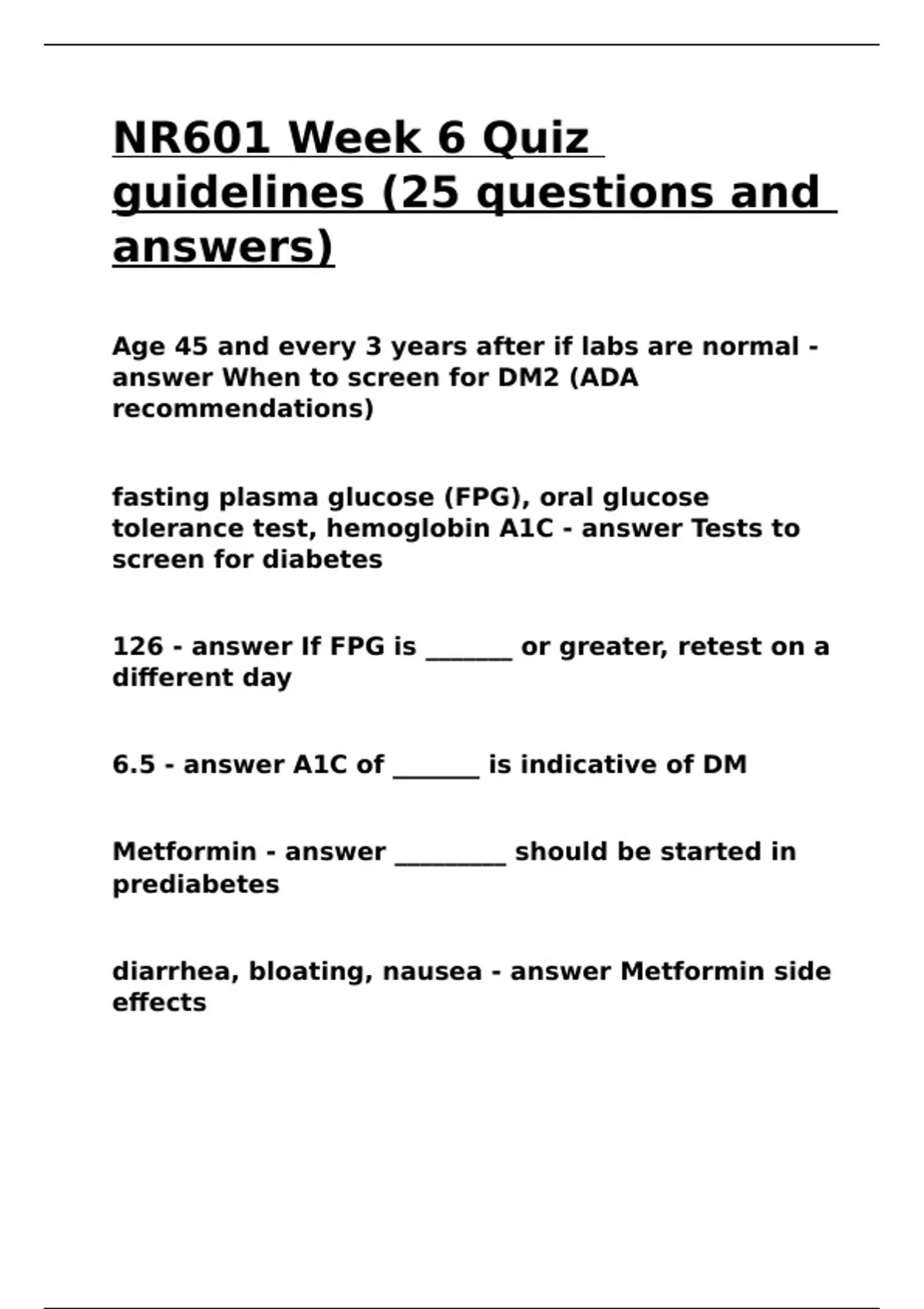 NR601 Week 6 Quiz guidelines (25 questions and answers). - NR601 ...