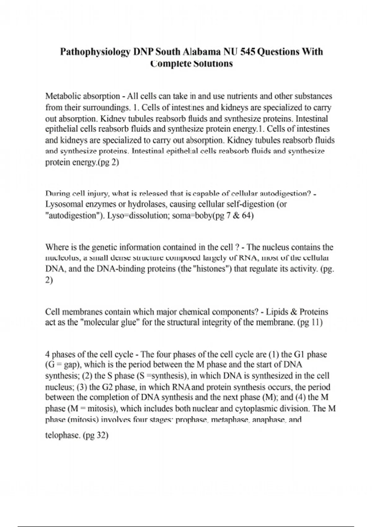 Pathophysiology DNP South Alabama NU 545 Questions With Complete Solutions - NU 545 (NU545 ...