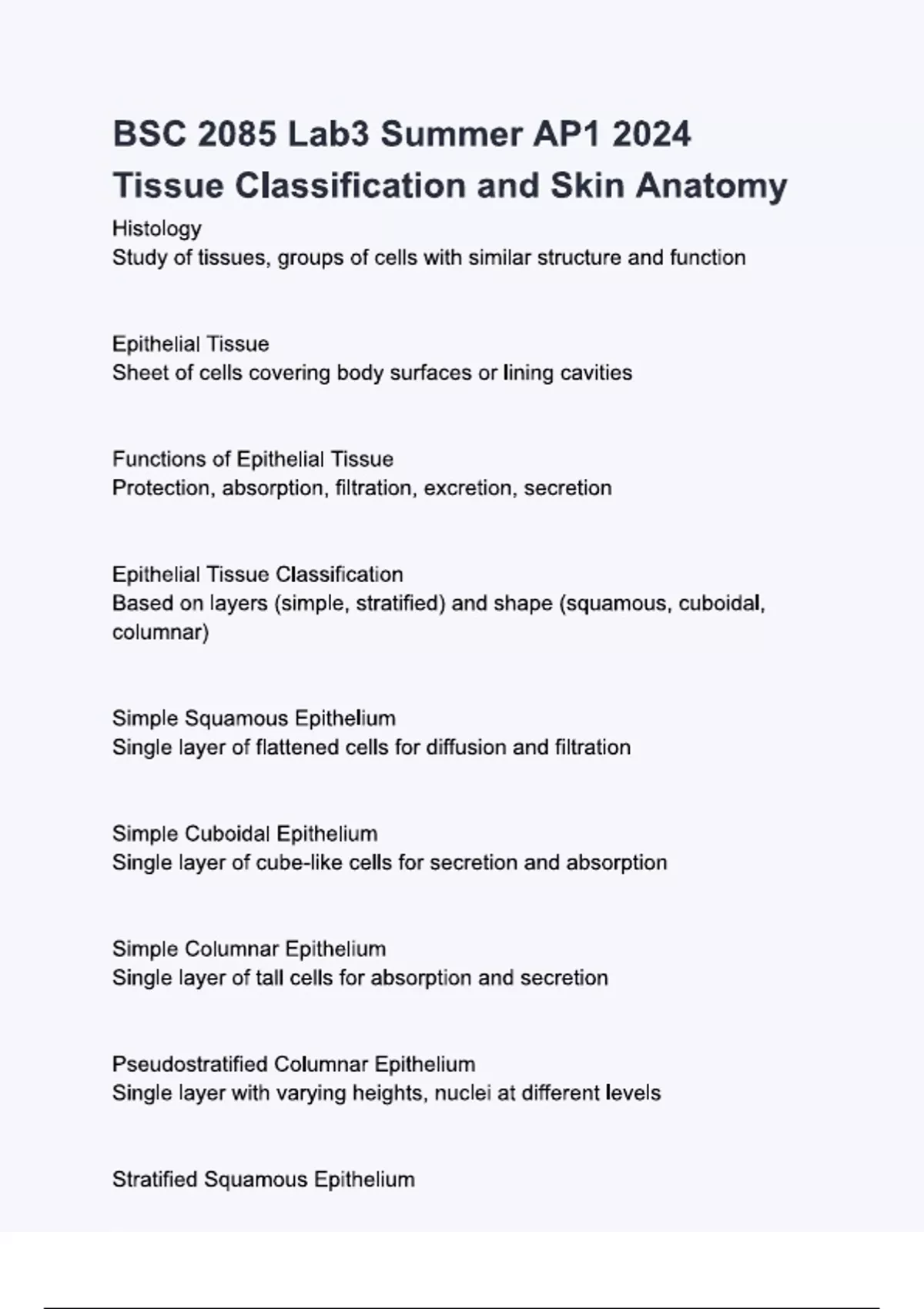 BSC 2085 Lab3 Summer AP1 2024 Tissue Classification and Skin Anatomy ...
