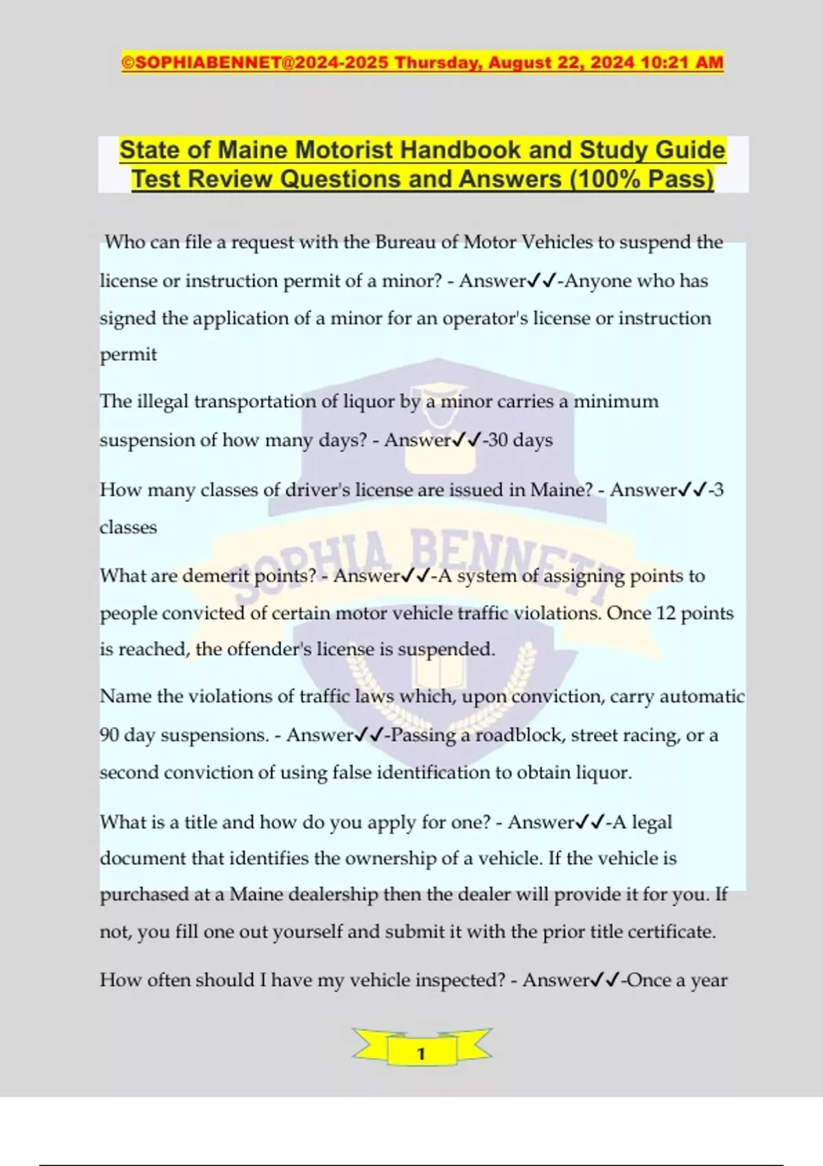 State of Maine Motorist Handbook and Study Guide Test Review Questions ...
