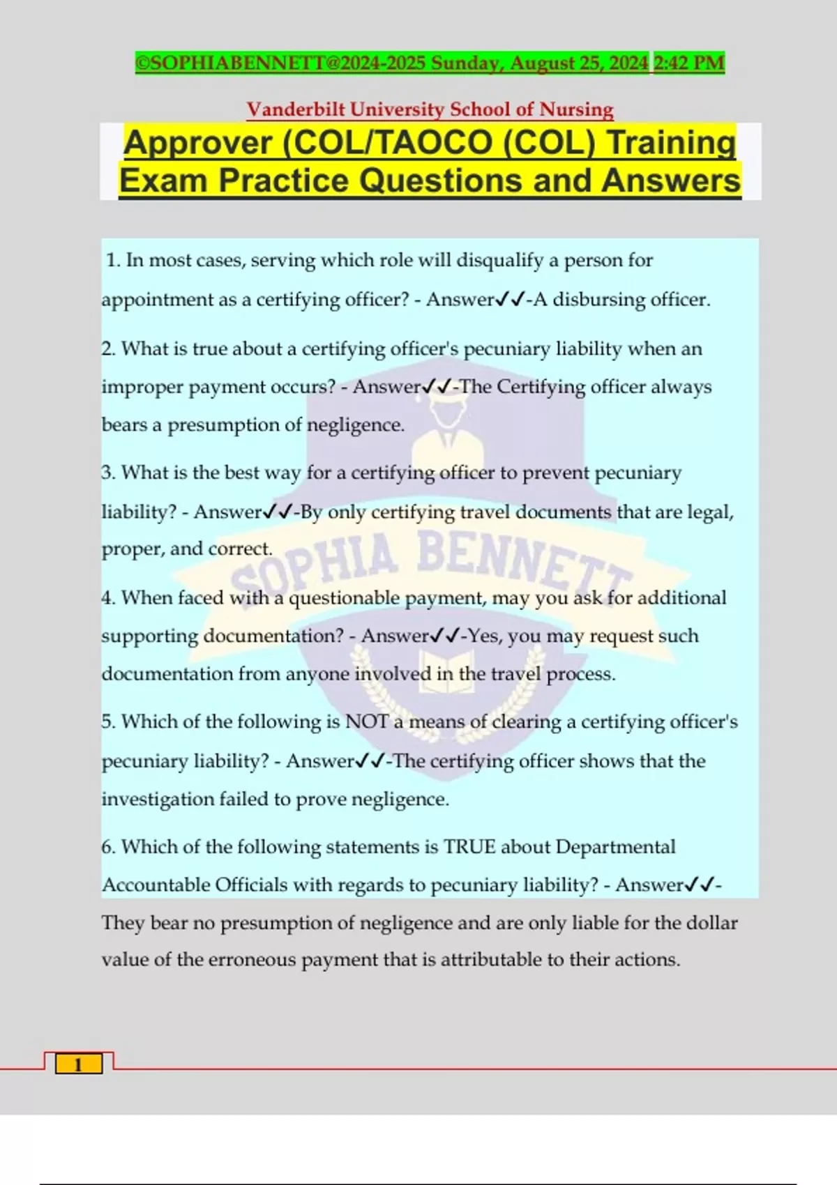 Approver (COL/TAOCO (COL) Training Exam Practice Questions and Answers ...