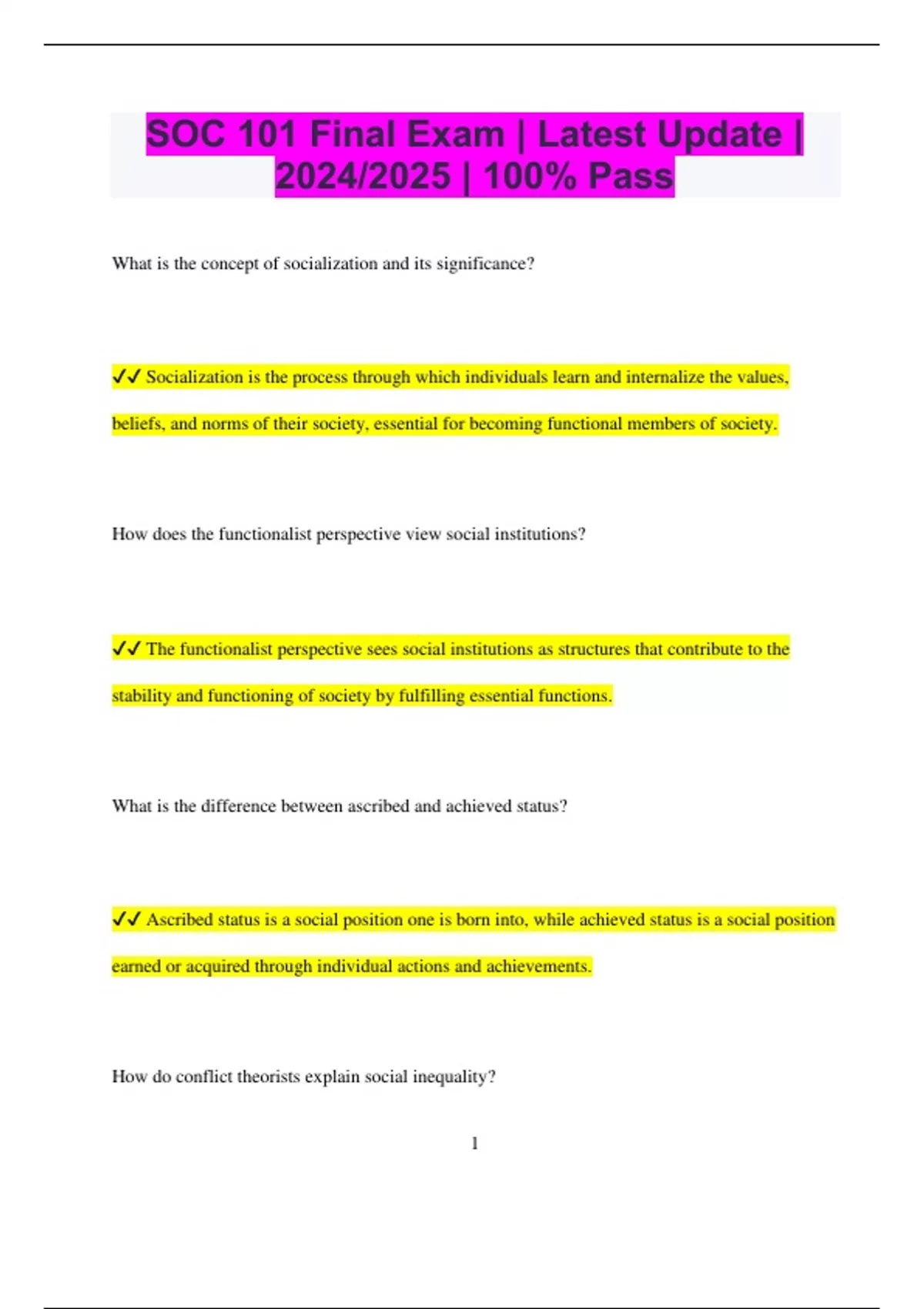 SOC 101 Final Exam | Latest Update | 2024/2025 | 100% Pass - SOC 101 ...