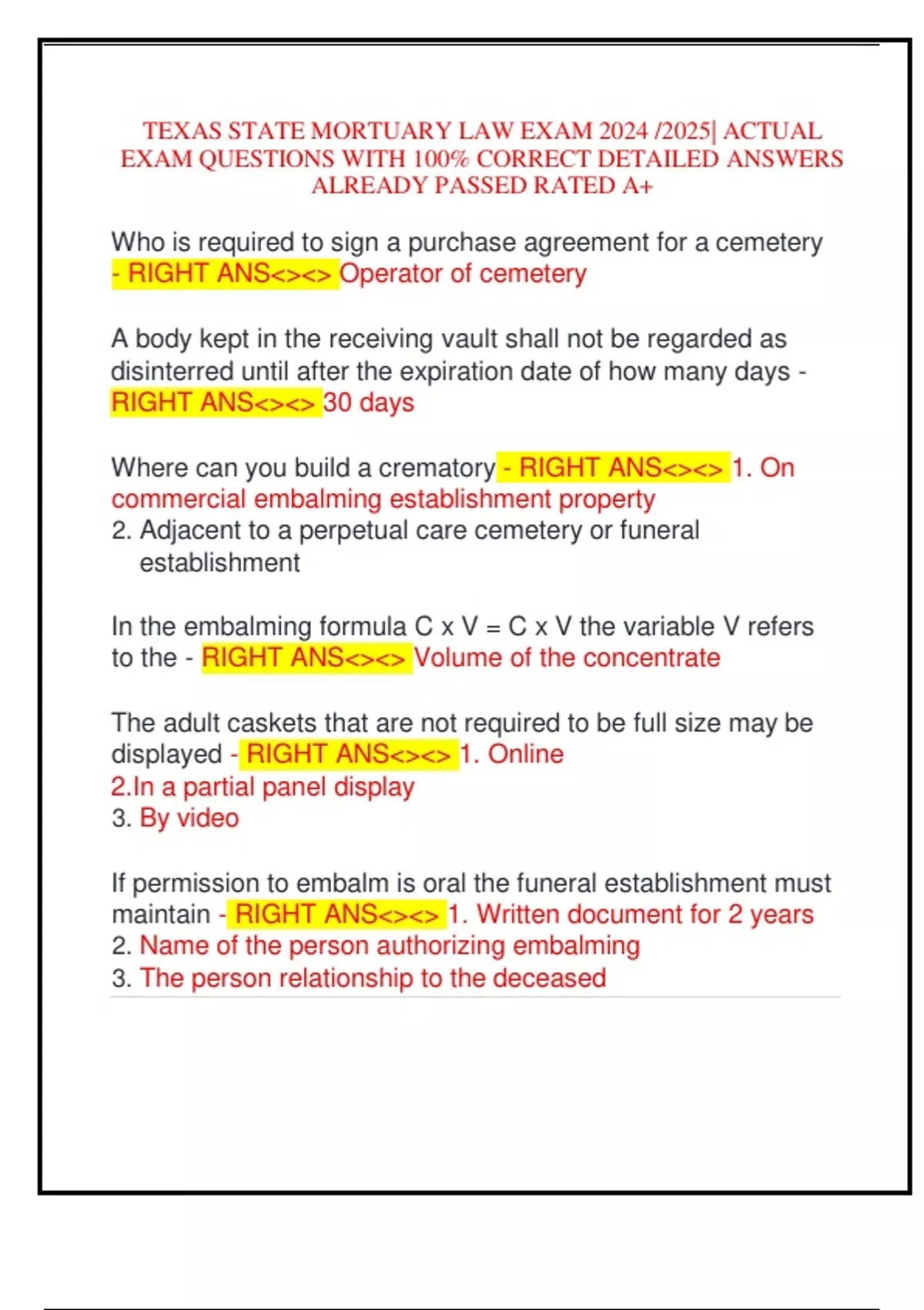 TEXAS STATE MORTUARY LAW EXAM 2024 /2025| ACTUAL EXAM QUESTIONS WITH ...