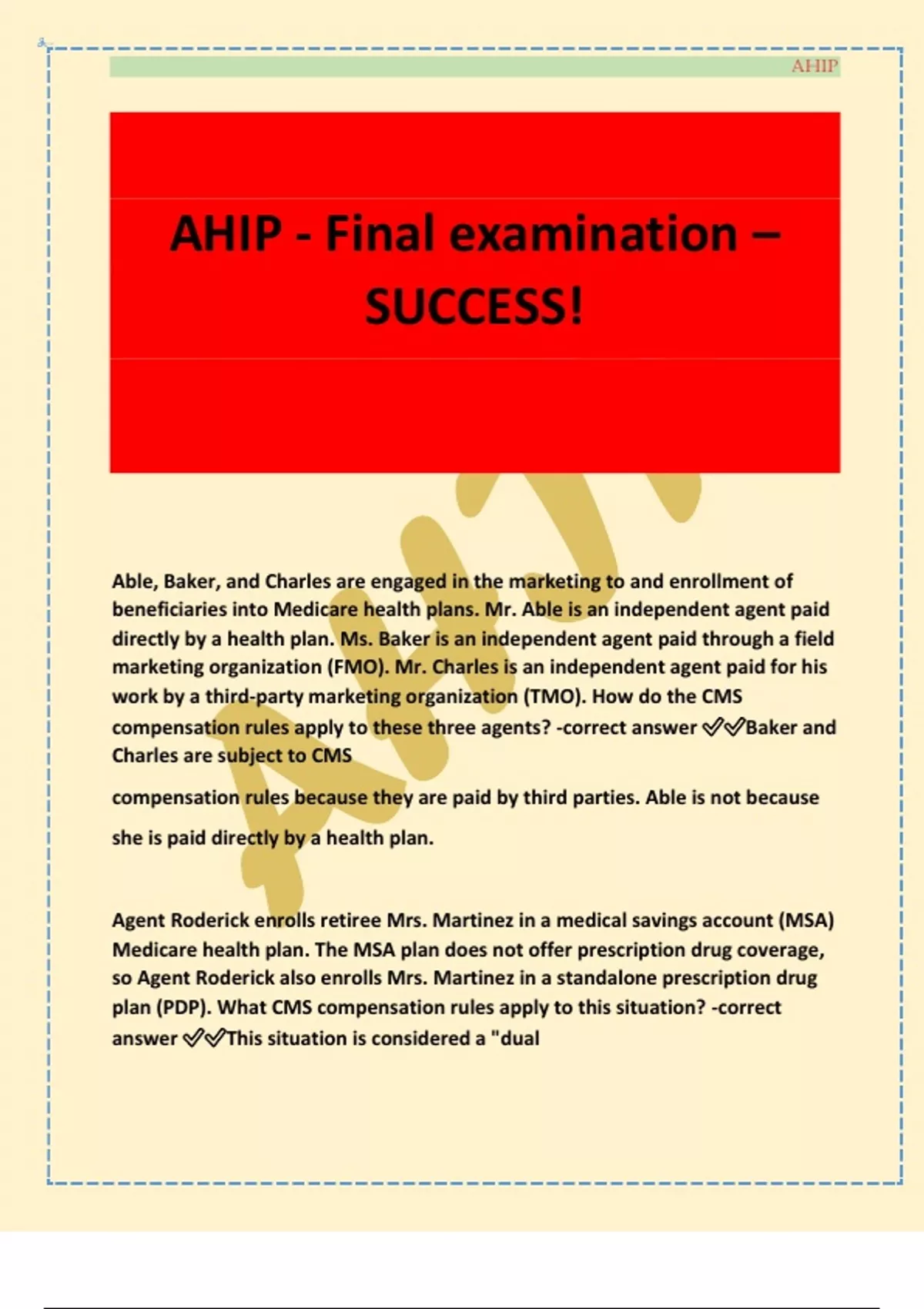 AHIP - Final examination – SUCCESS! - AHIP - Stuvia US