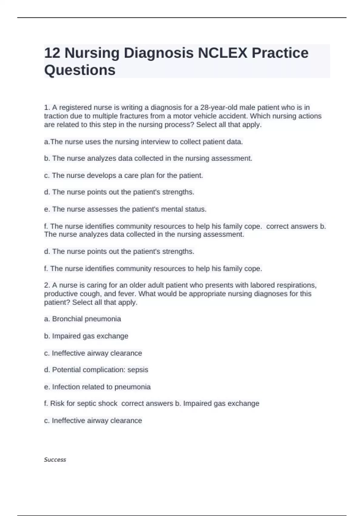 12 Nursing Diagnosis NCLEX Practice Questions exam with correct answers ...