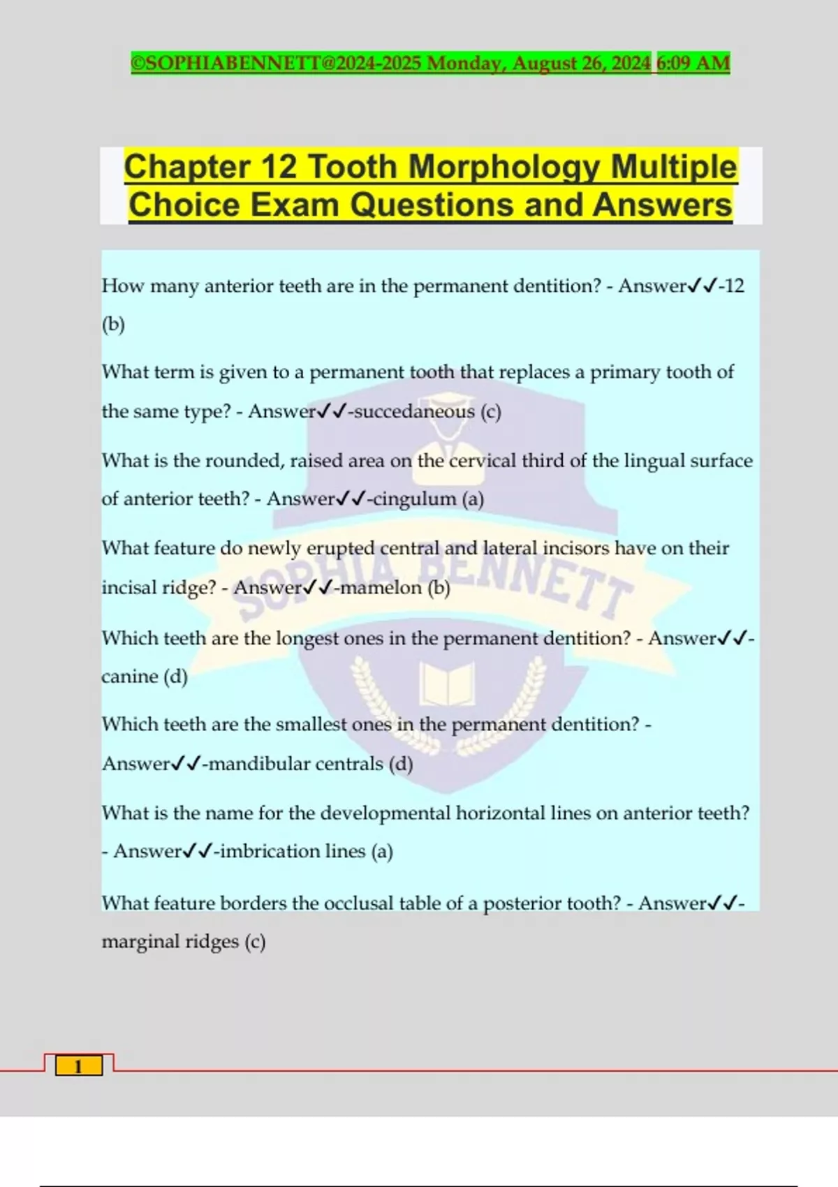Chapter 12 Tooth Morphology Multiple Choice Exam Questions and Answers ...
