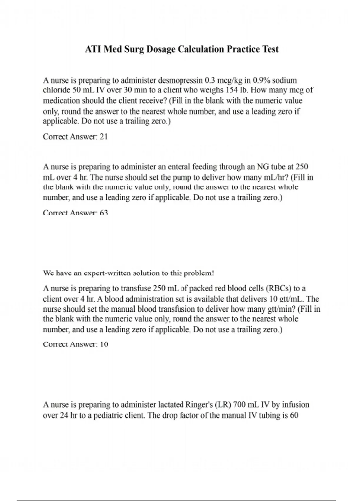 ATI Med Surg Dosage Calculation Practice Test - ATI Med Surg - Stuvia US