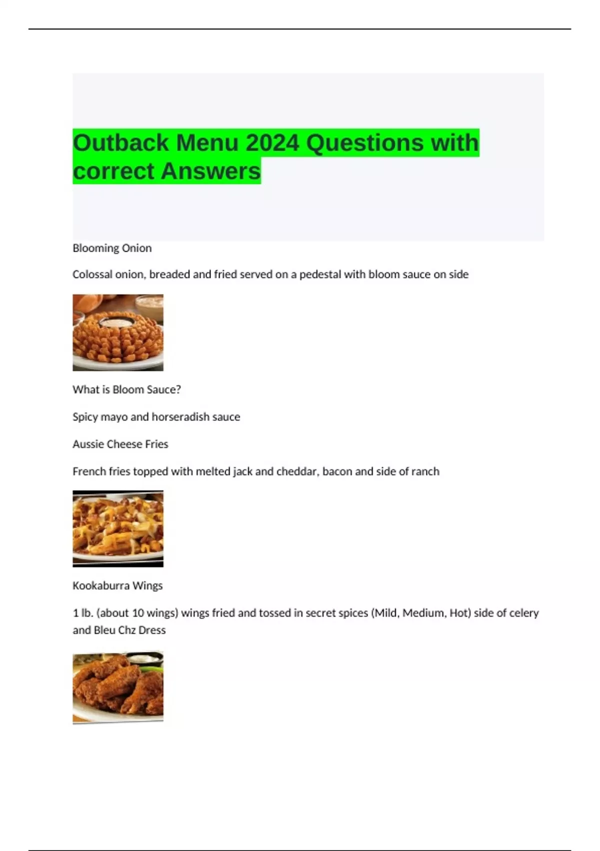 Outback Menu 2024 Questions with correct Answers - Outback Menu - Stuvia US