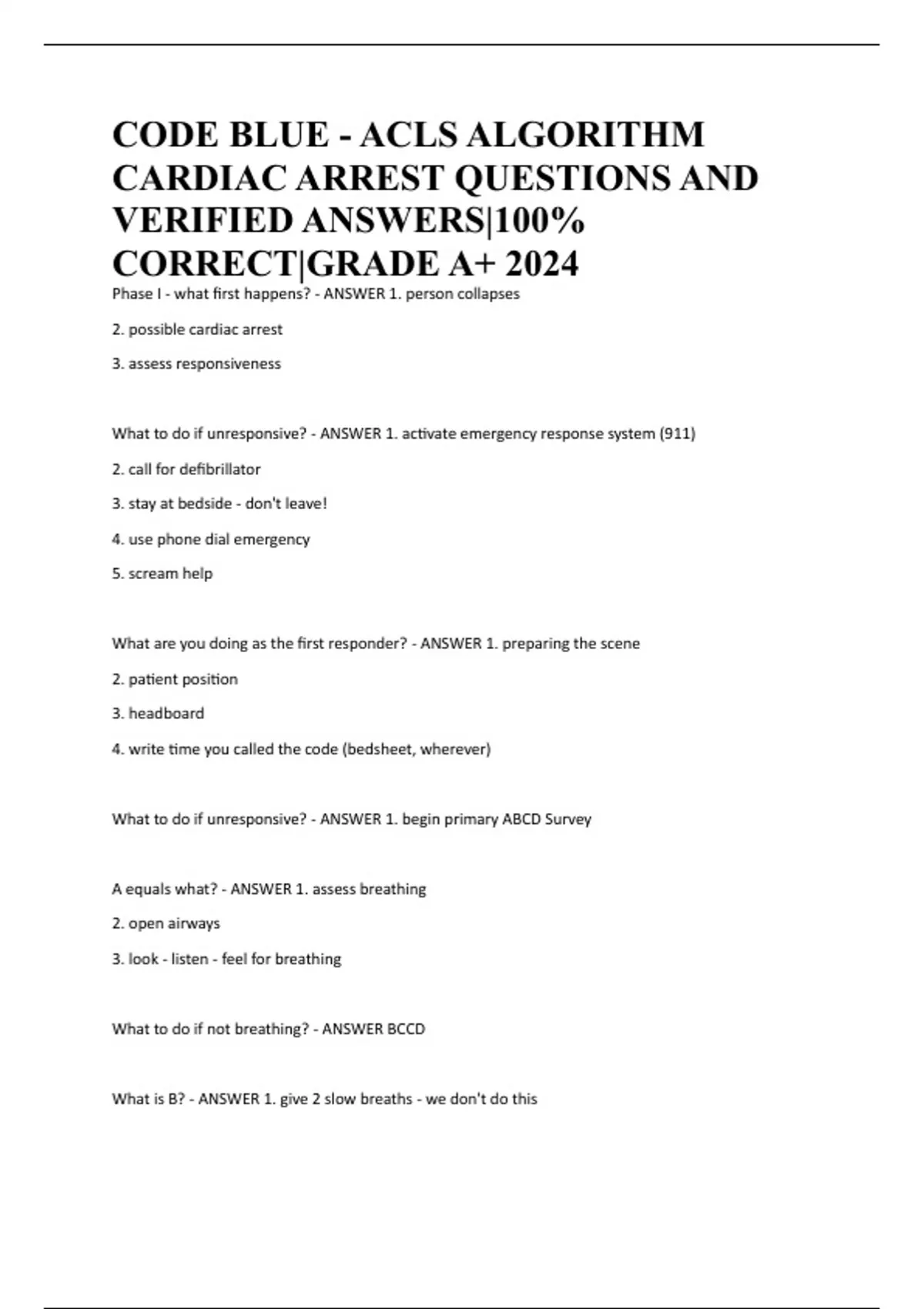 CODE BLUE ACLS ALGORITHM CARDIAC ARREST QUESTIONS AND VERIFIED CODE BLUE ACLS ALGORITHM CARDIAC ARREST QUESTIONS AND VERIFIED