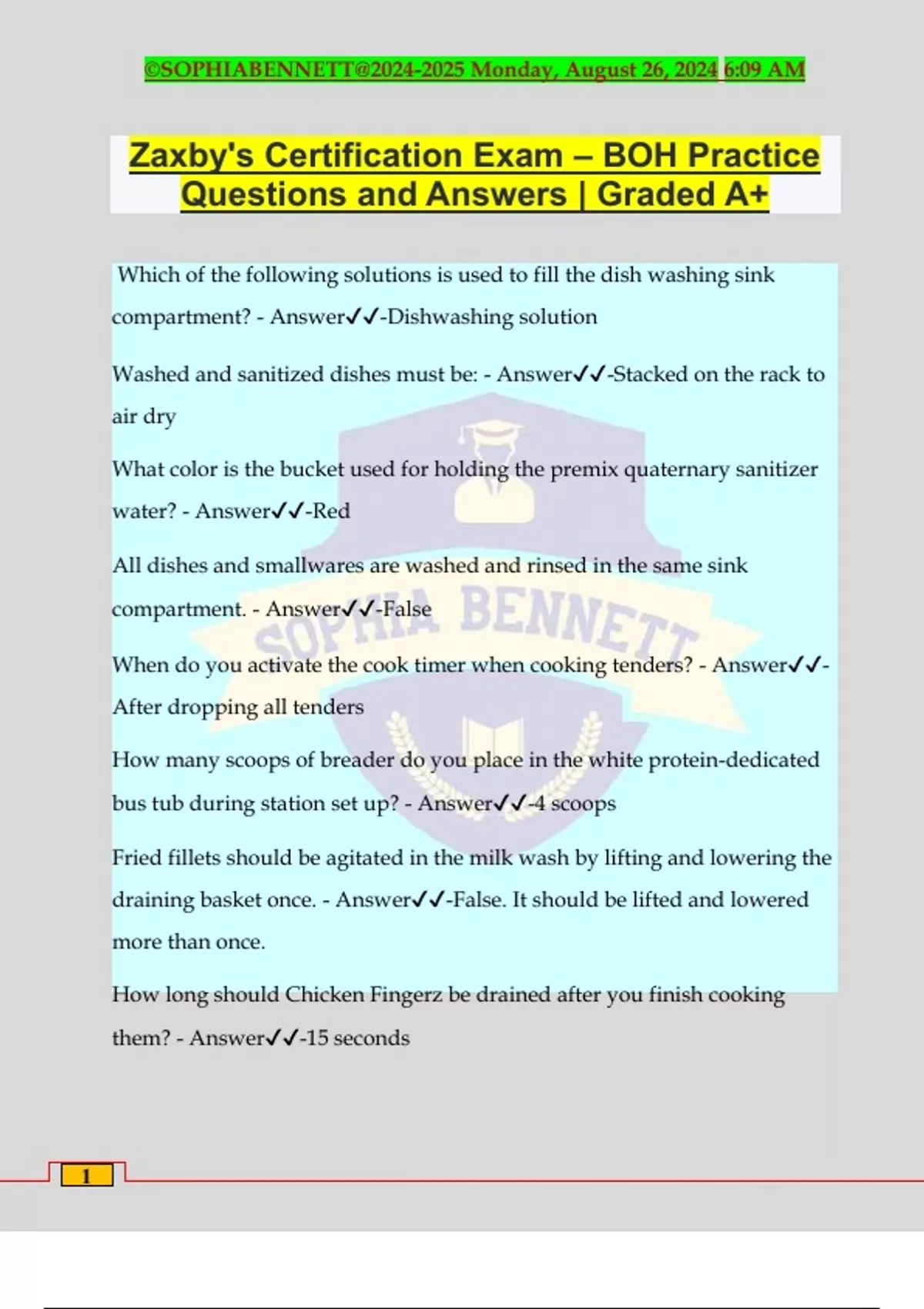 Zaxby's Certification Exam – BOH Practice Questions and Answers ...