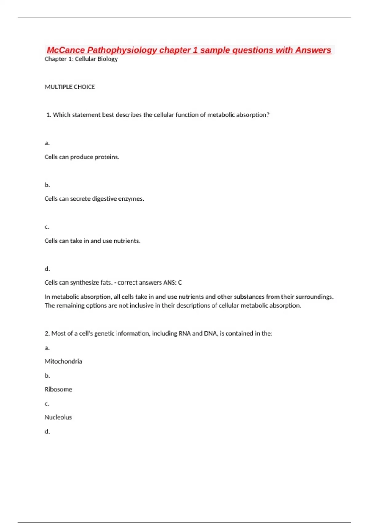 McCance Pathophysiology chapter 1 sample questions with Answers - McCance & Huether\\\'s ...