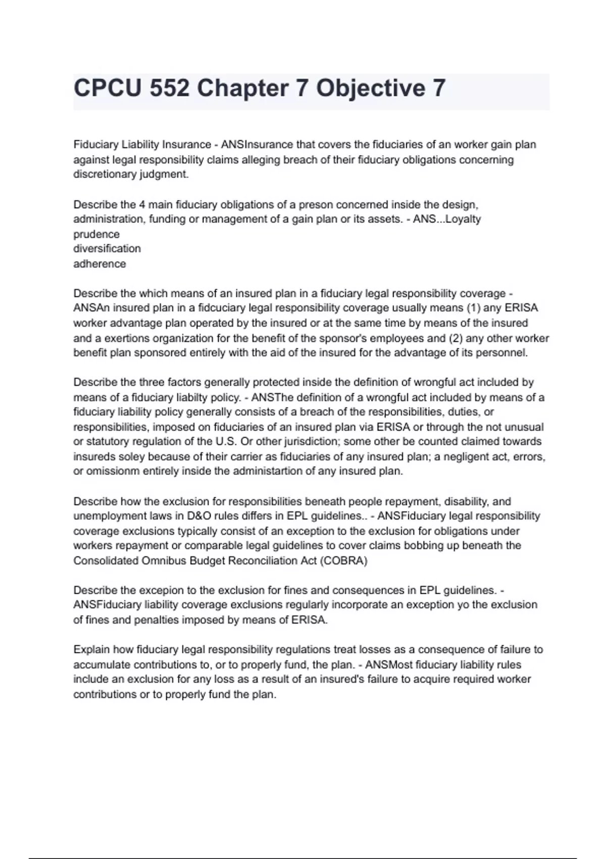 CPCU 552 Chapter 7 Objective 7 questions and answers graded A+ 20254/2025 - CPCU 552 - Stuvia US