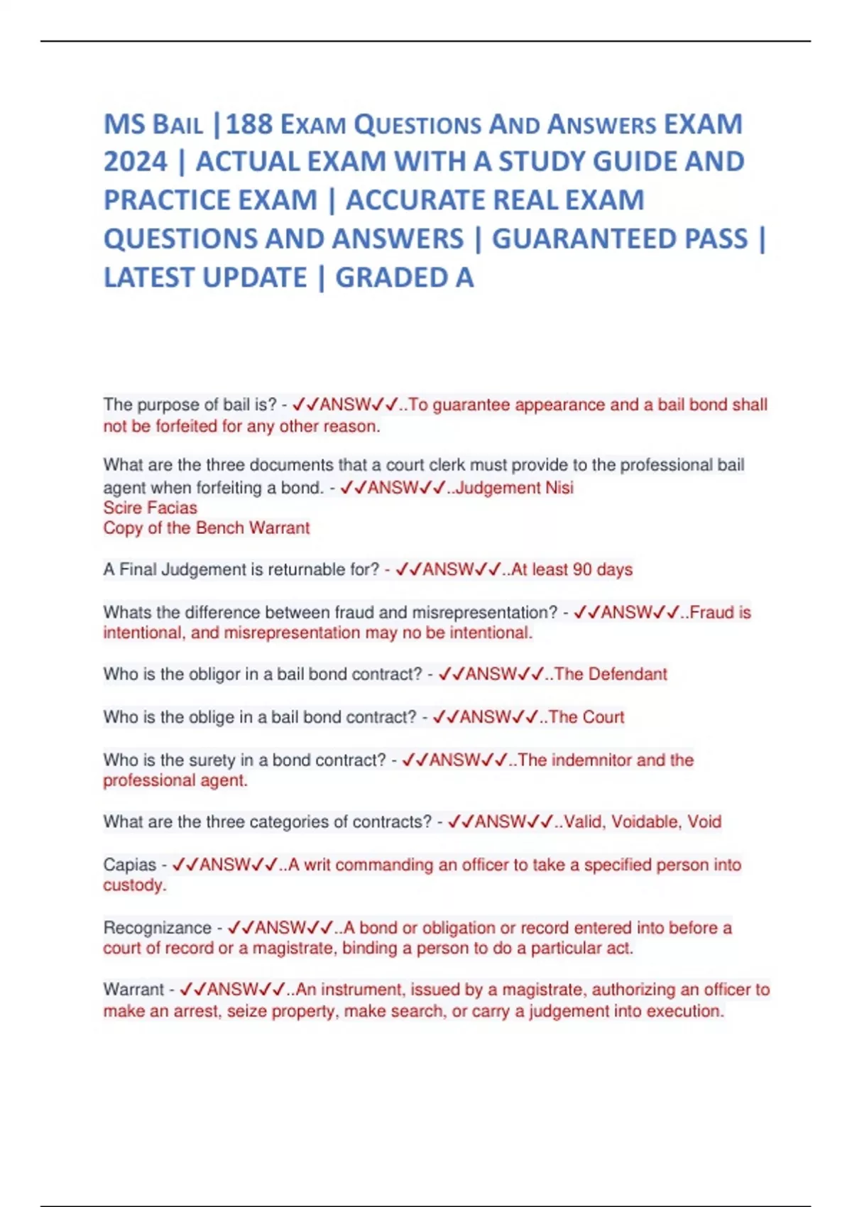 MS BAIL |188 EXAM QUESTIONS AND ANSWERS EXAM 2024 | ACTUAL EXAM WITH A STUDY GUIDE AND PRACTICE ...