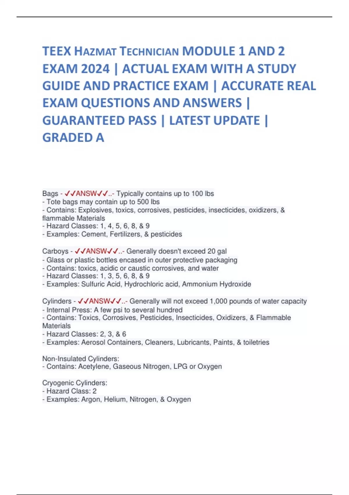 TEEX HAZMAT TECHNICIAN MODULE 1 AND 2 EXAM 2024 | ACTUAL EXAM WITH A ...