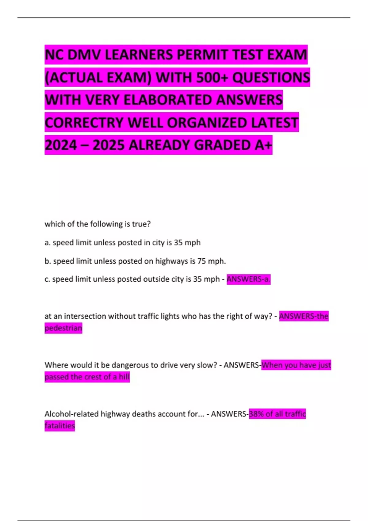 NC DMV LEARNERS PERMIT TEST EXAM (ACTUAL EXAM) WITH 500+ QUESTIONS WITH ...