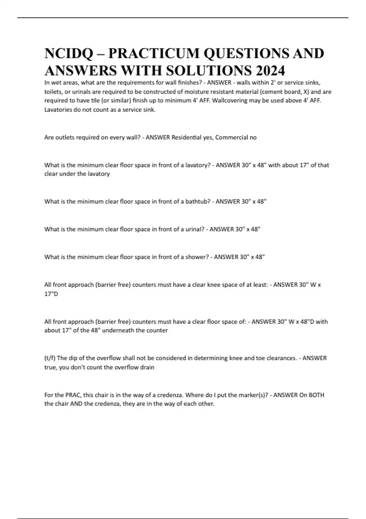 NCIDQ – PRACTICUM QUESTIONS AND ANSWERS WITH SOLUTIONS 2024 - NCIDQ ...