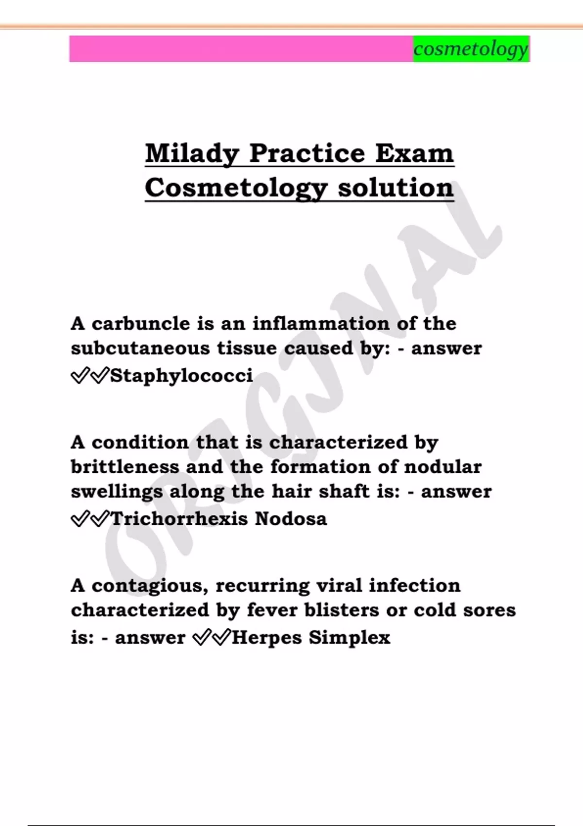 Milady Practice Exam Cosmetology solution - Milady Cosmetology - Stuvia US