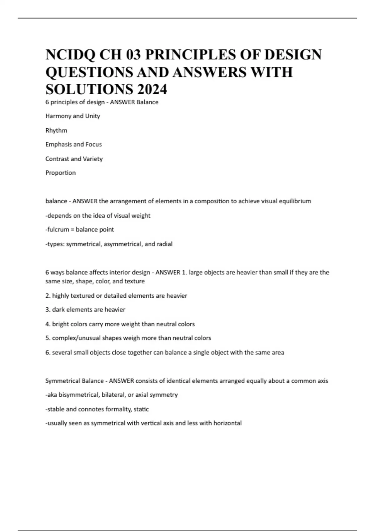 NCIDQ CH 03 PRINCIPLES OF DESIGN QUESTIONS AND ANSWERS WITH SOLUTIONS 2024 - NCIDQ - Stuvia US