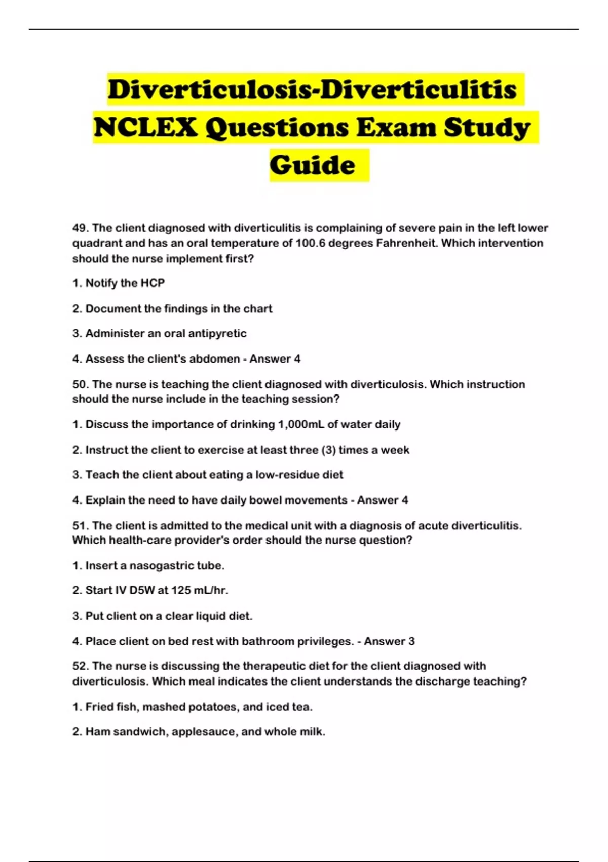 Diverticulosis-Diverticulitis NCLEX Questions Exam Study Guide ...