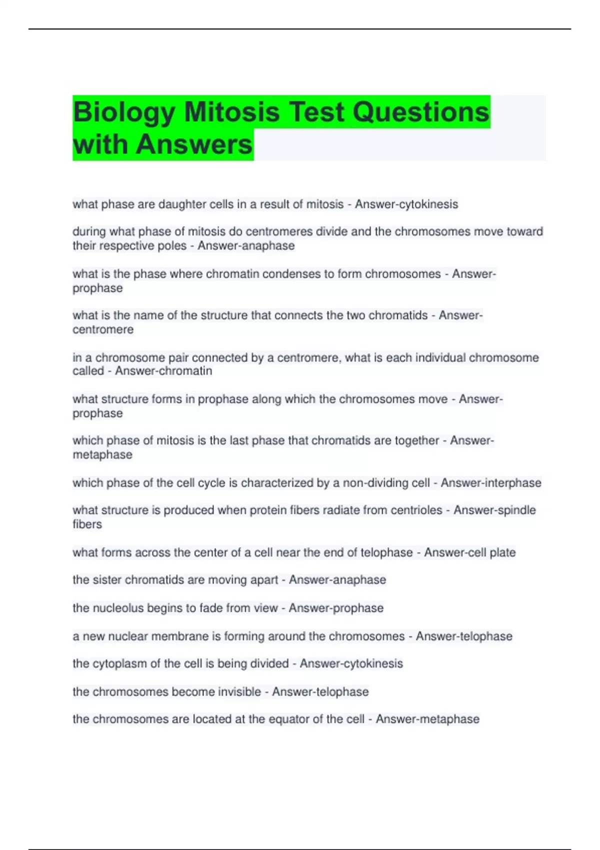 Biology Mitosis Test Questions with Answers - Biology Mitosis - Stuvia US