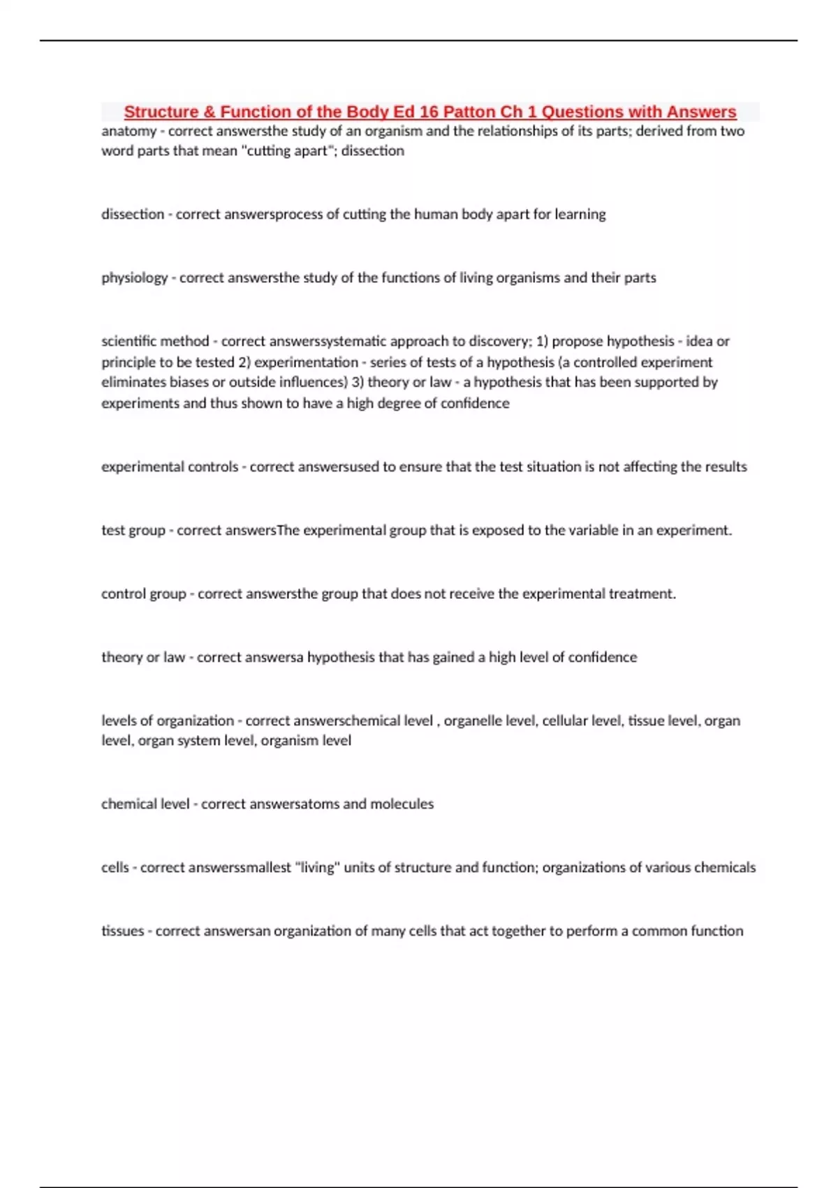 Structure & Function of the Body Ed 16 Patton Ch 1 Questions with ...