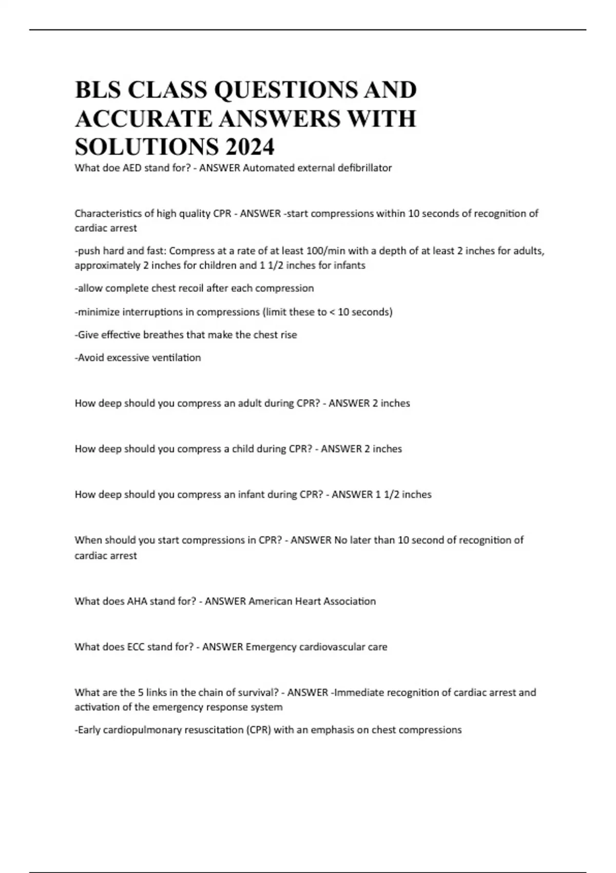 BLS CLASS QUESTIONS AND ACCURATE ANSWERS WITH SOLUTIONS 2024 - Bls ...