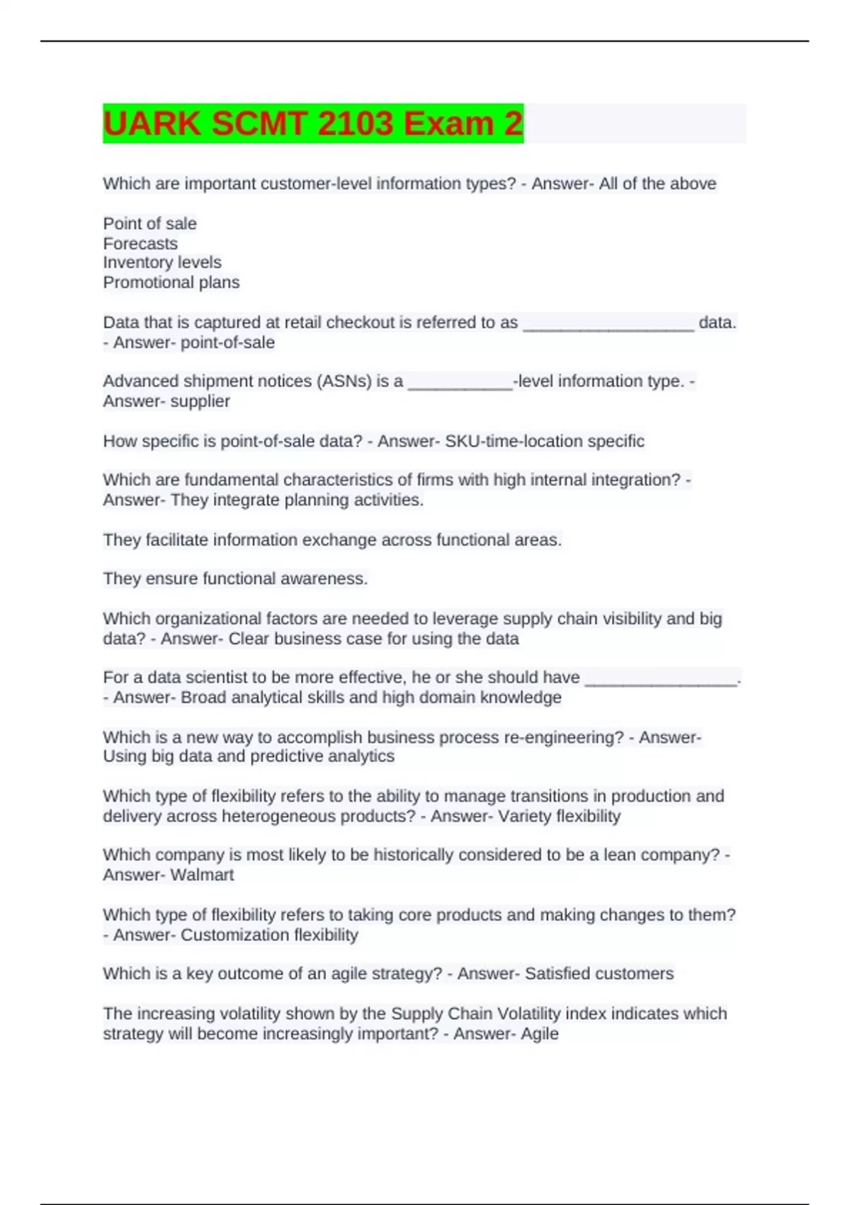 UARK SCMT 2103 Exam 2 Questions and Answers - UARK SCMT 2103 2 - Stuvia US