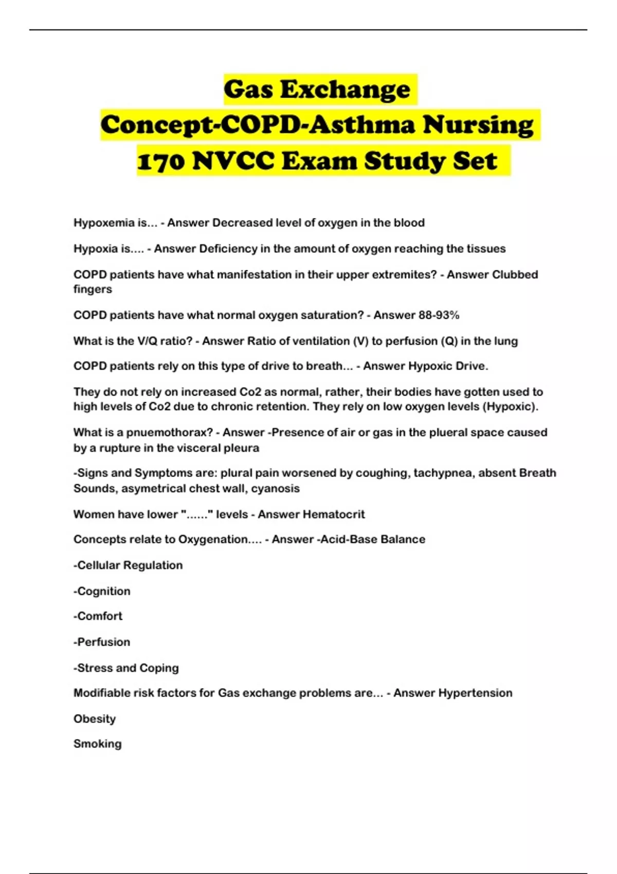 Gas Exchange Concept-COPD-Asthma Nursing 170 NVCC Exam Study Set - Gas ...