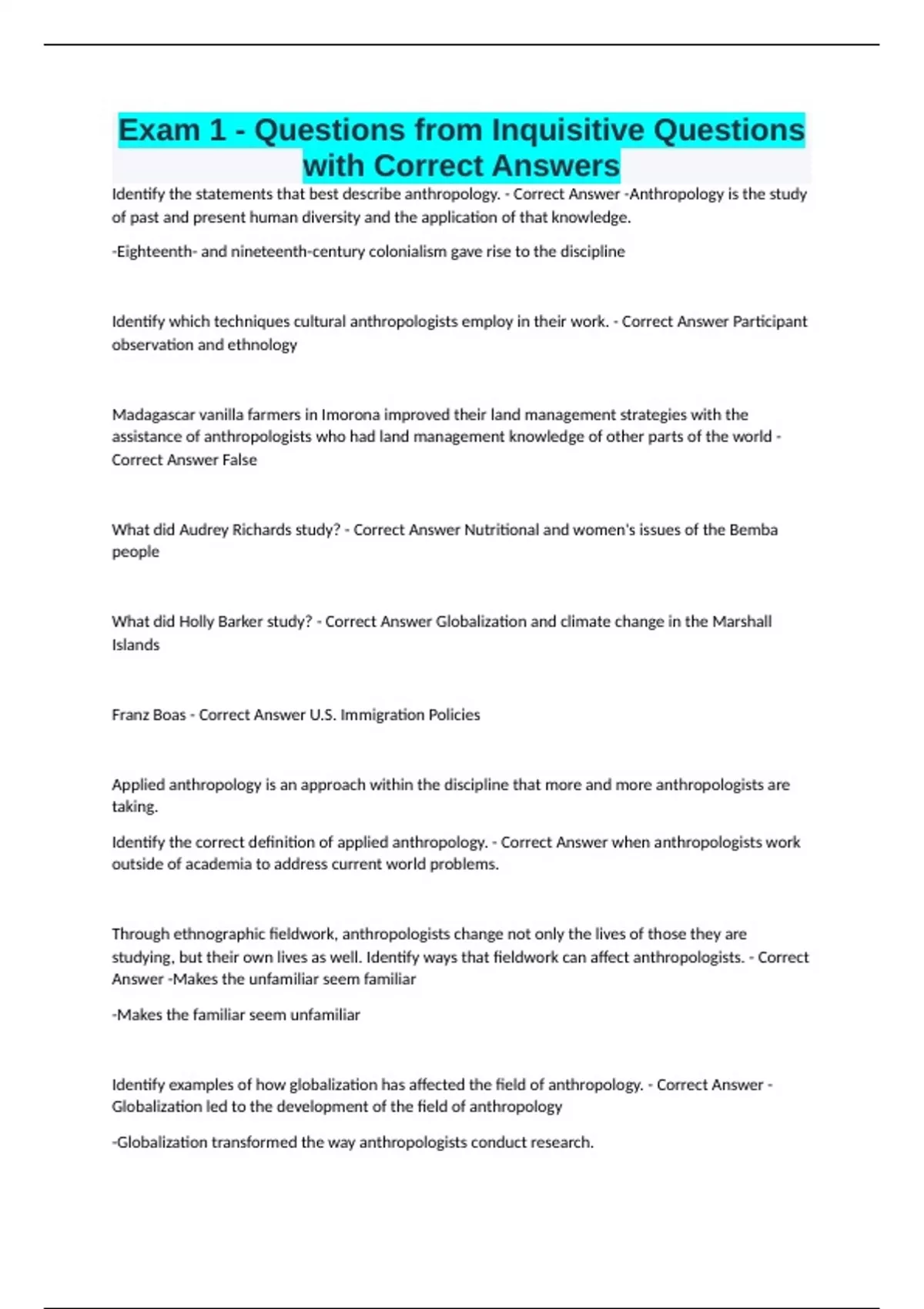 Exam 1 - Questions from Inquisitive Questions with Correct Answers ...