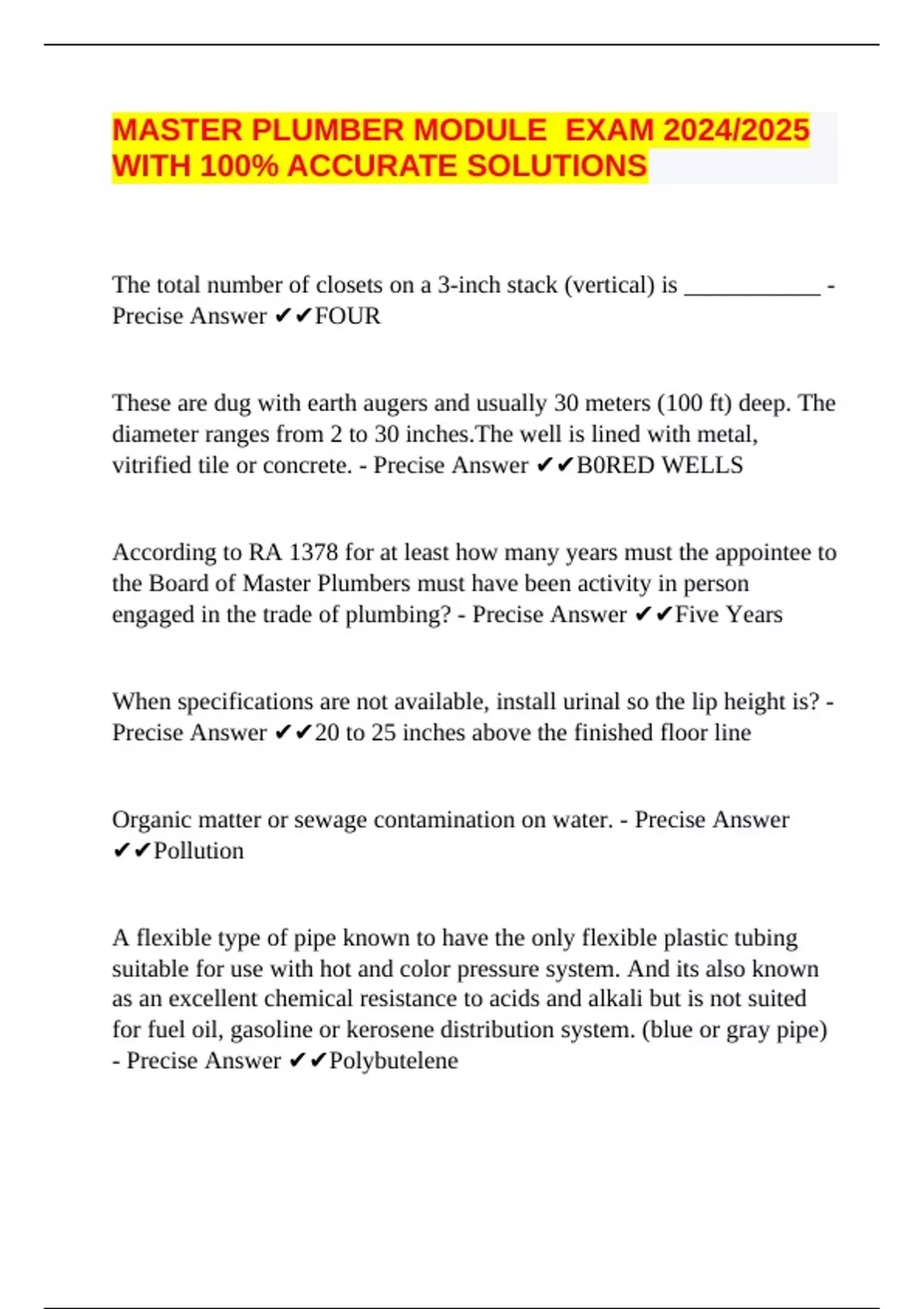 MASTER PLUMBER MODULE EXAM 2024/2025 WITH 100% ACCURATE SOLUTIONS ...