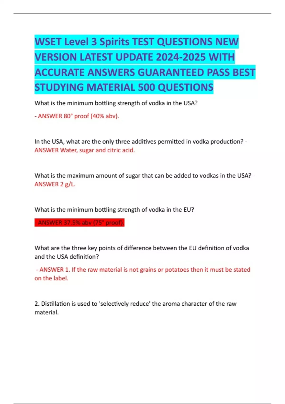 WSET Level 3 Spirits TEST QUESTIONS NEW VERSION LATEST UPDATE WITH ...