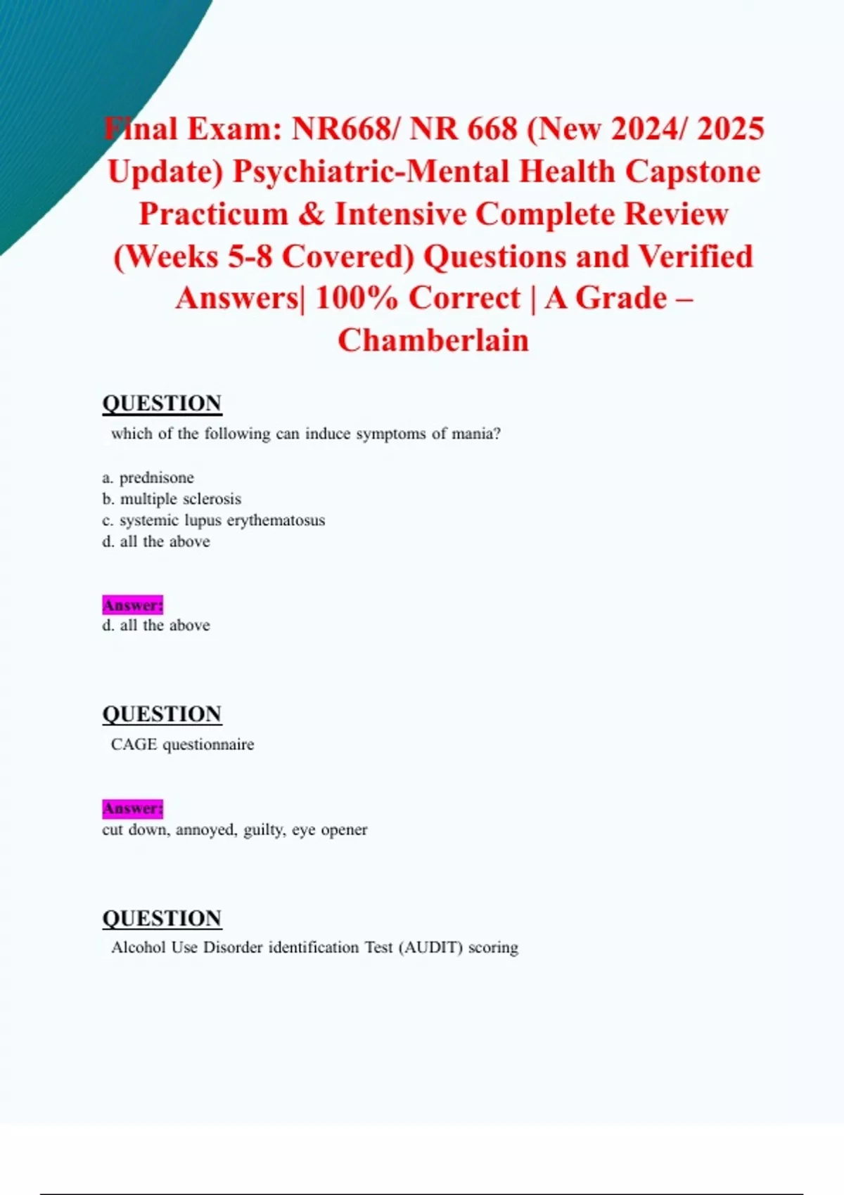 Final Exam: NR668/ NR 668 (New 2024/ 2025 Update) Psychiatric-Mental ...