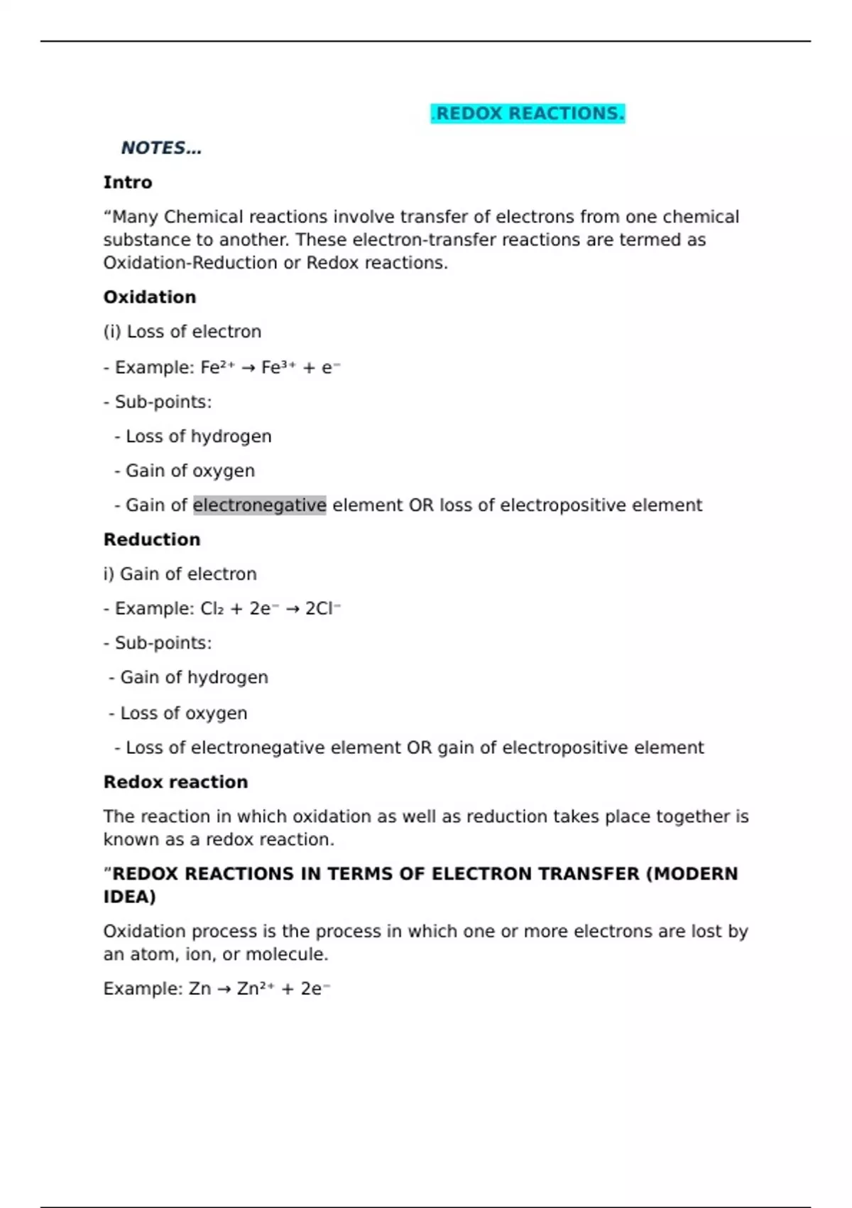 Comprehensive Redox Reactions Study Guide: Detailed Notes on Oxidation ...