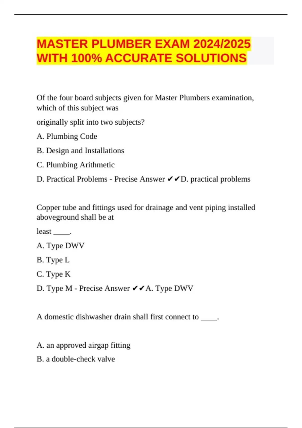 MASTER PLUMBER EXAM 2024/2025 WITH 100% ACCURATE SOLUTIONS - MASTER ...