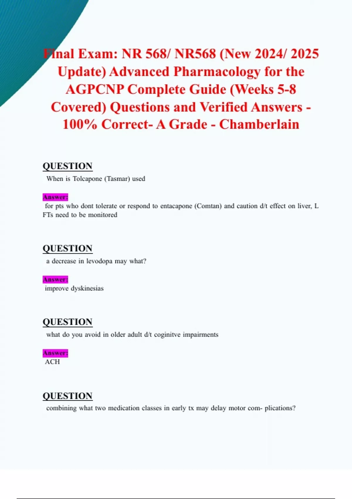 Final Exam: NR 568/ NR568 (New 2024/ 2025 Update) Advanced Pharmacology ...