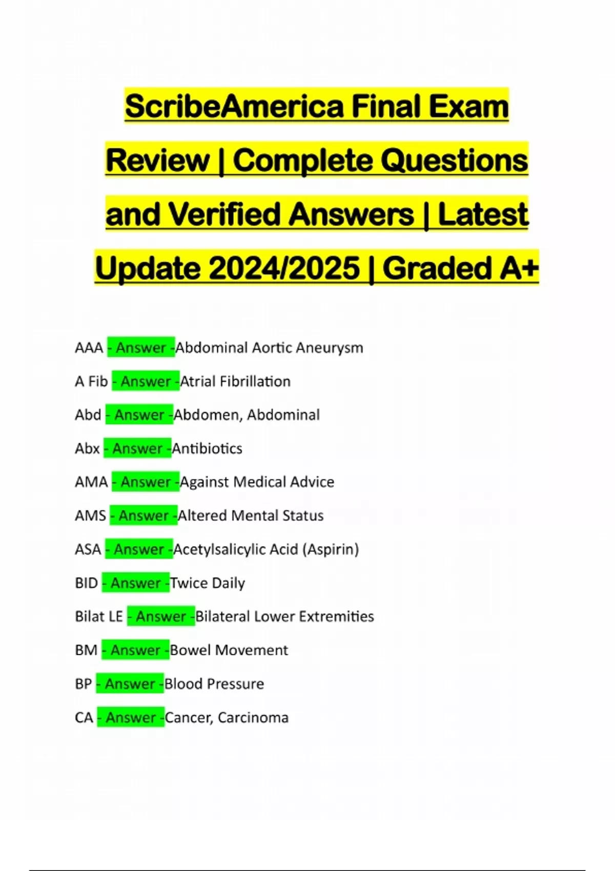 ScribeAmerica Final Exam Review | Complete Questions and Verified ...