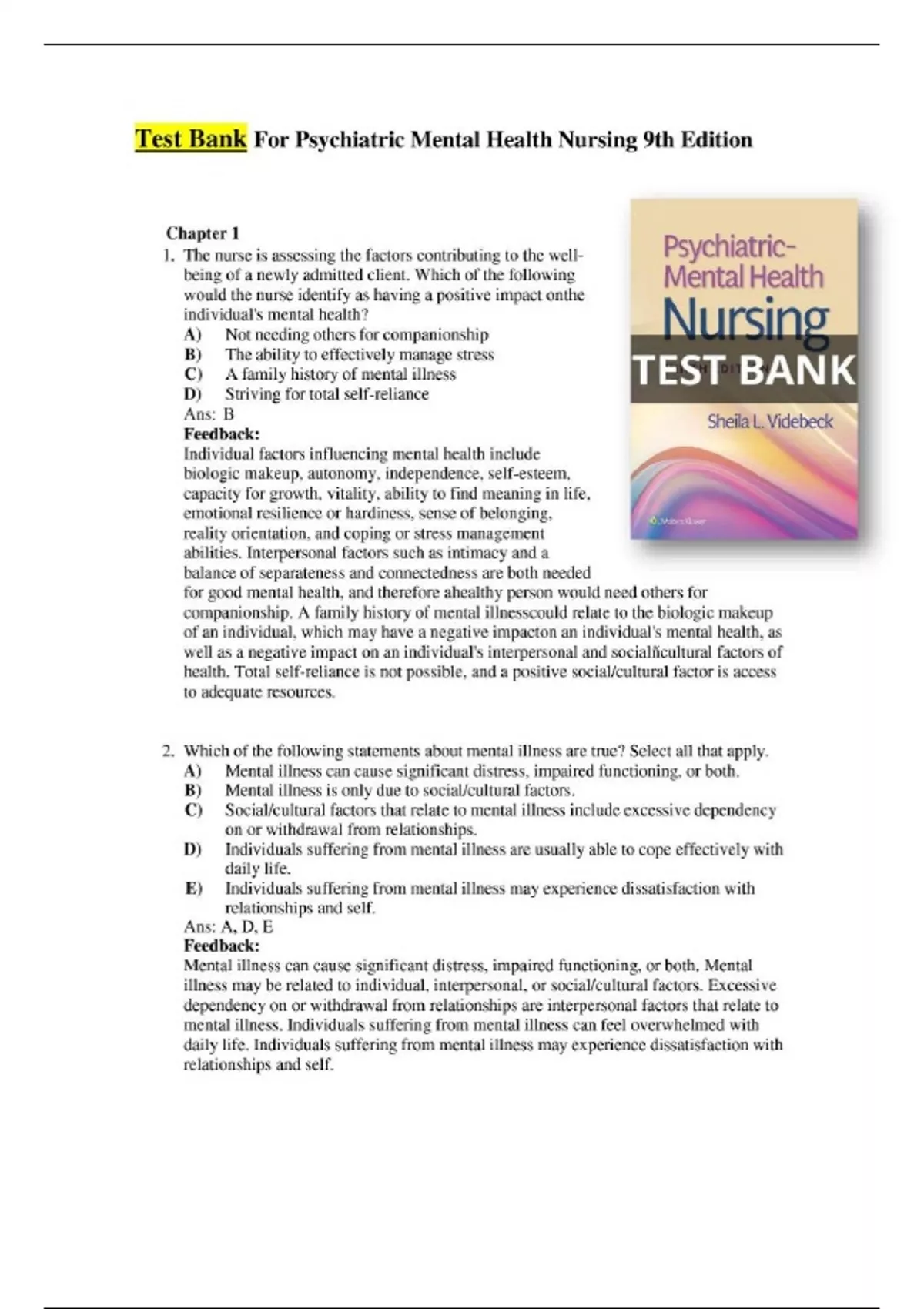 Comprehensive Test Bank for Psychiatric Mental Health Nursing, 9th ...