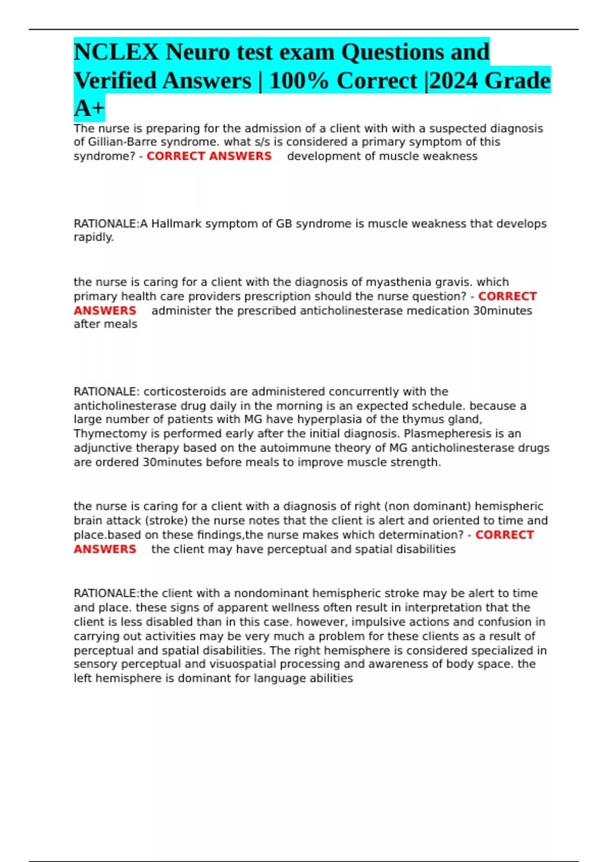 NCLEX Neuro test exam Questions and Verified Answers | 100% Correct ...