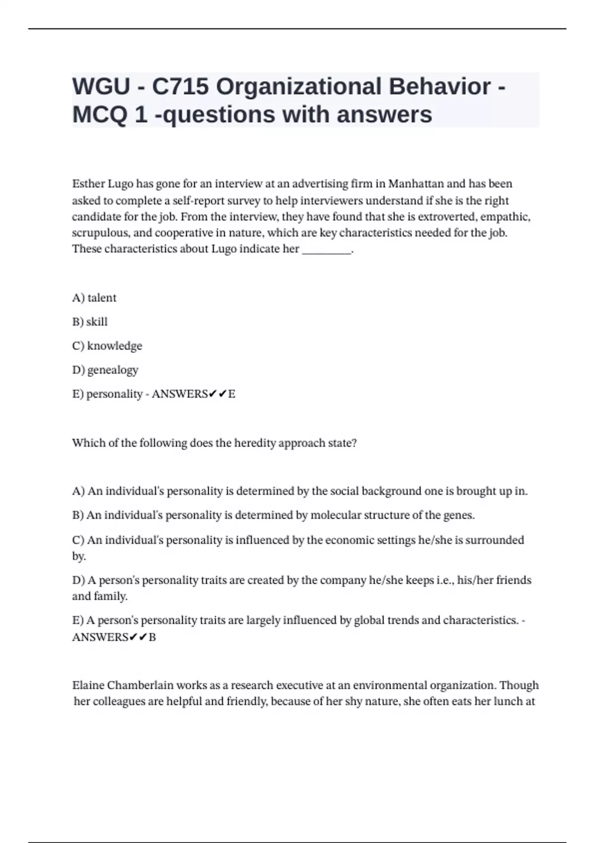 WGU - C715 Organizational Behavior - MCQ 1 -questions with answers ...