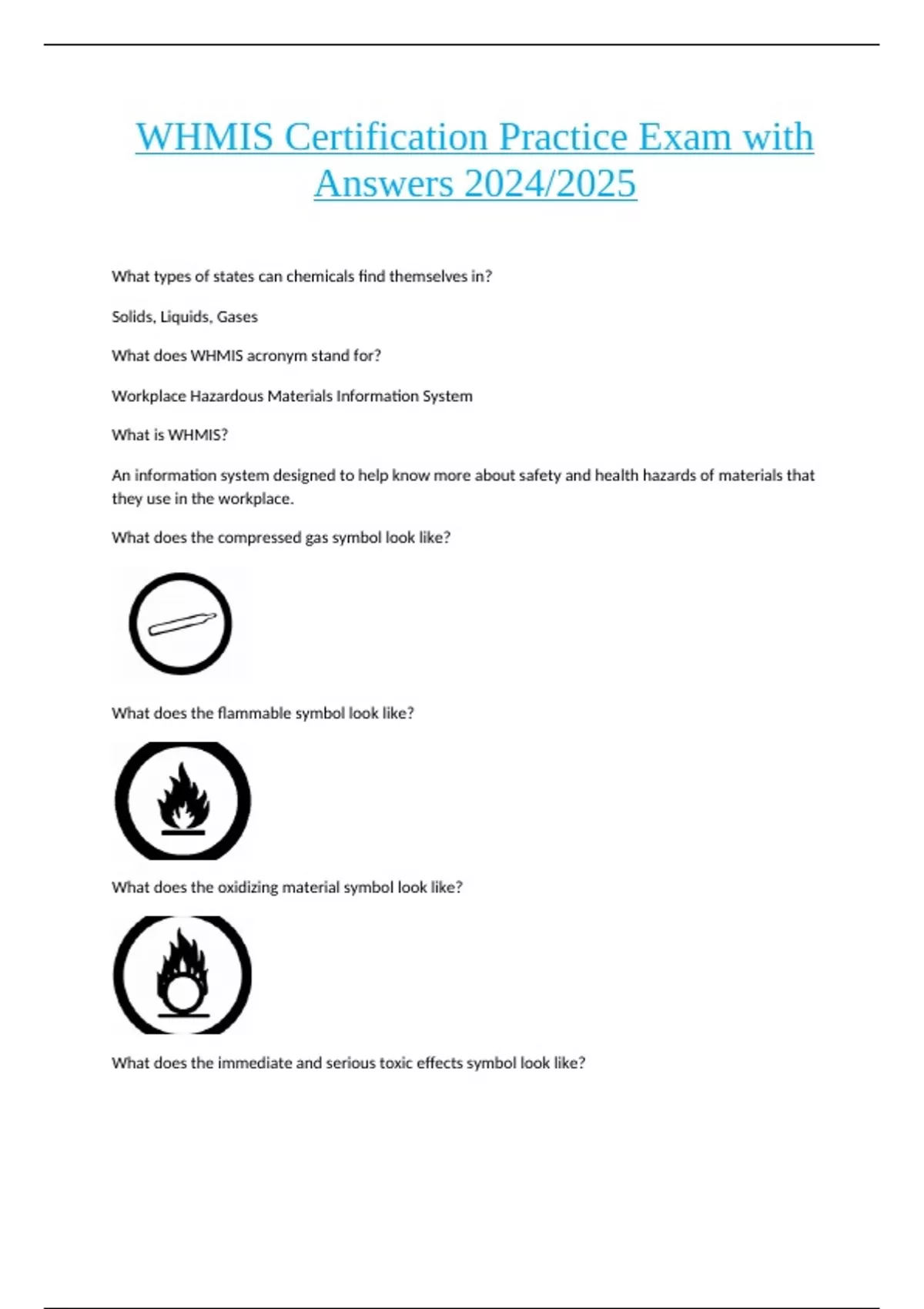 WHMIS Certification Practice Exam with Answers 2024/2025 - WHMIS ...