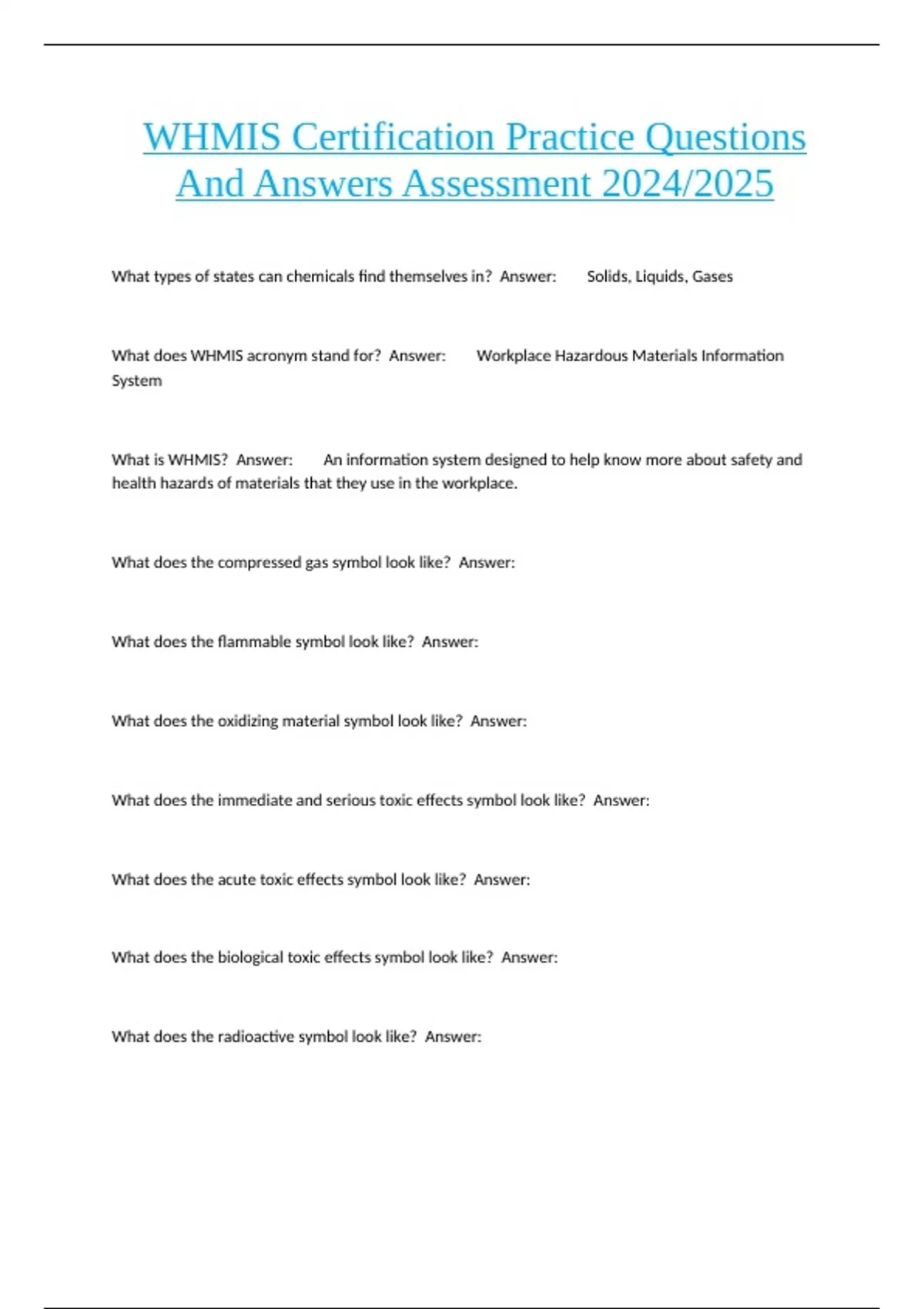 WHMIS Certification Practice Questions And Answers Assessment 2024/2025 ...