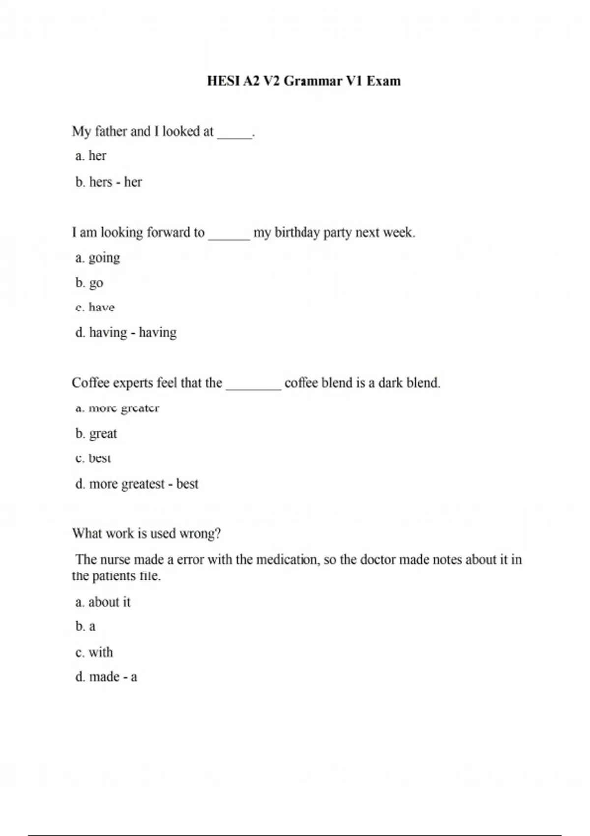 HESI A2 V2 Grammar V1 Exam - Hesi - Stuvia US